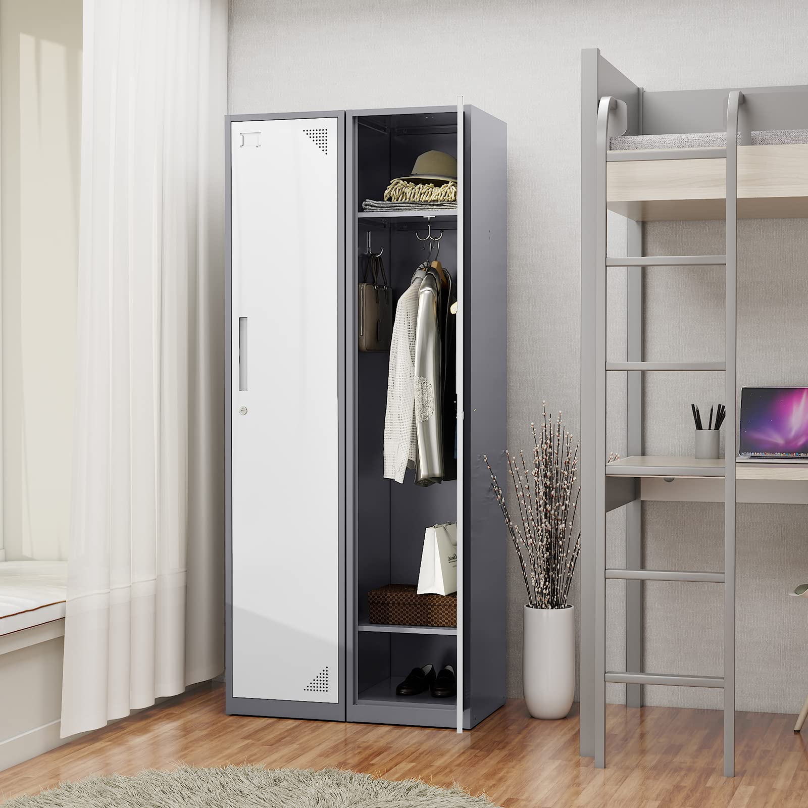 PEUKC Metal Storage Locker, 71" Tall Locker Storage Cabinet for Employees, Steel Storage Cabinet Locker with Lock and Keys for School, Gym, Home, Office Staff(1 Door-Grey)