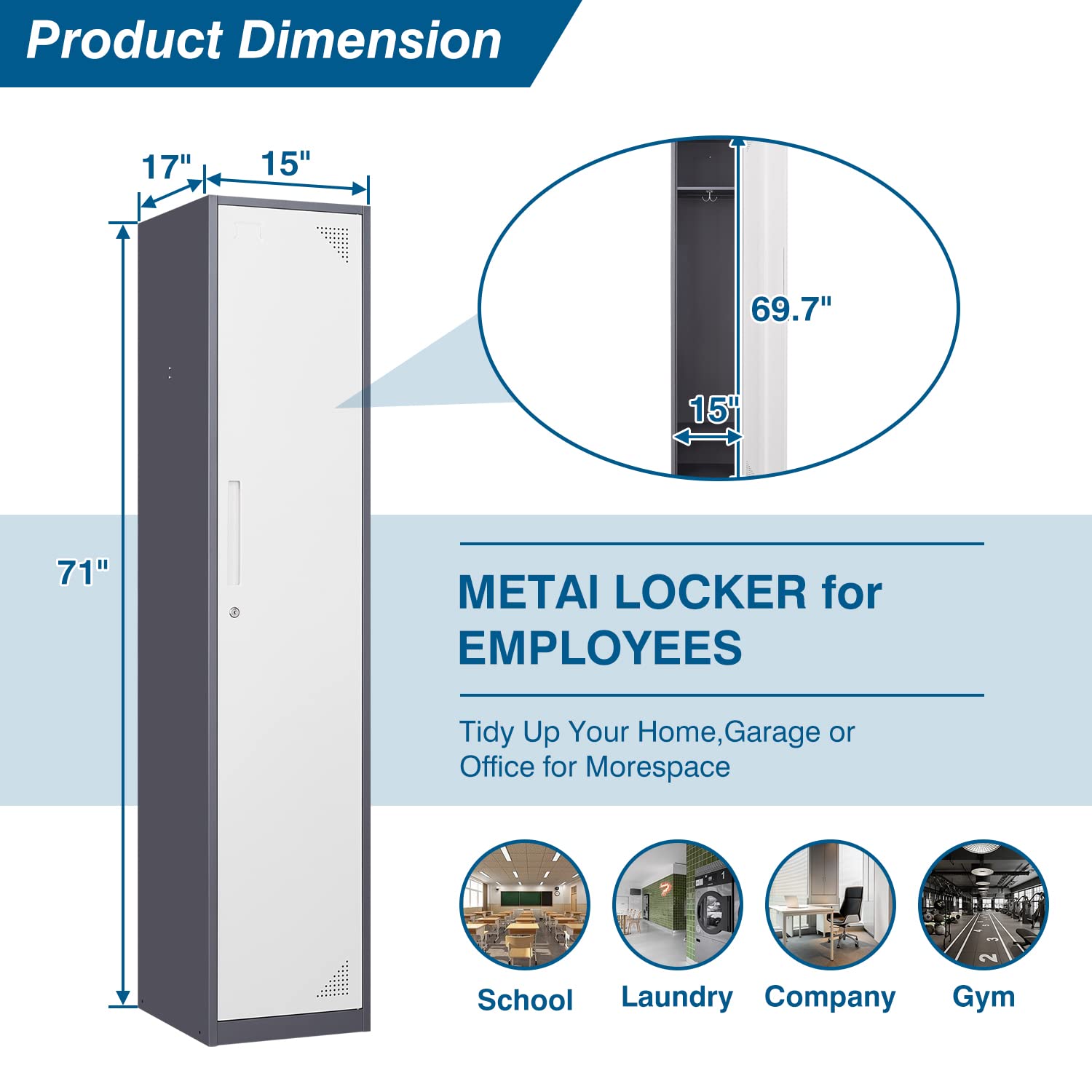 PEUKC Metal Storage Locker, 71" Tall Locker Storage Cabinet for Employees, Steel Storage Cabinet Locker with Lock and Keys for School, Gym, Home, Office Staff(1 Door-Grey)