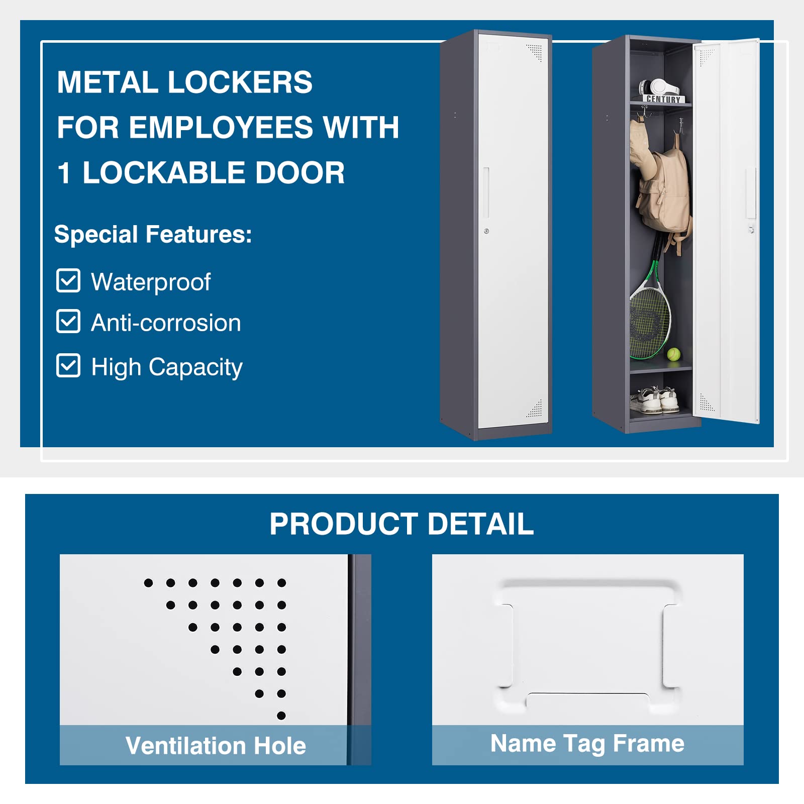 PEUKC Metal Storage Locker, 71" Tall Locker Storage Cabinet for Employees, Steel Storage Cabinet Locker with Lock and Keys for School, Gym, Home, Office Staff(1 Door-Grey)