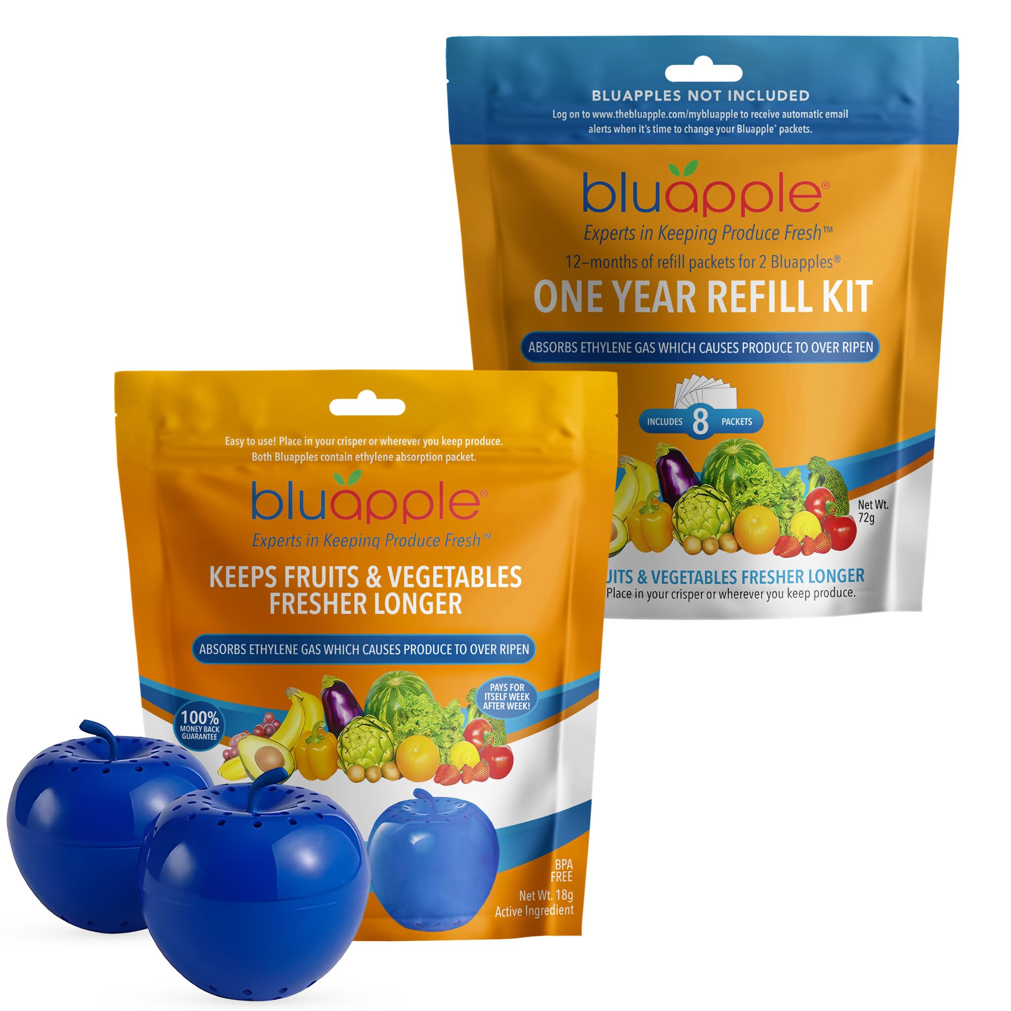Bluapple Classic Produce Saver 15-Month Bundle, Vegetable & Fruit Fresh Produce Protector, Ethylene Gas Absorber, Food Freshness Extender, Fresh Fruit Preserver, Vegetable Saver, USA-Made BPA-Free