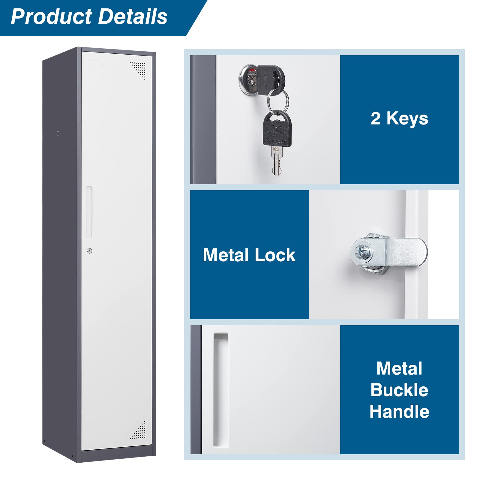 PEUKC Metal Storage Locker, 71" Tall Locker Storage Cabinet for Employees, Steel Storage Cabinet Locker with Lock and Keys for School, Gym, Home, Office Staff(1 Door-Grey)
