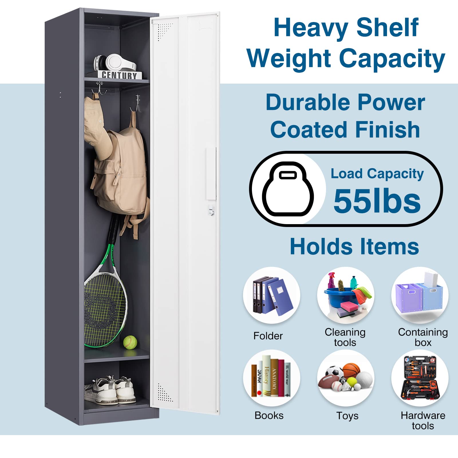 PEUKC Metal Storage Locker, 71" Tall Locker Storage Cabinet for Employees, Steel Storage Cabinet Locker with Lock and Keys for School, Gym, Home, Office Staff(1 Door-Grey)