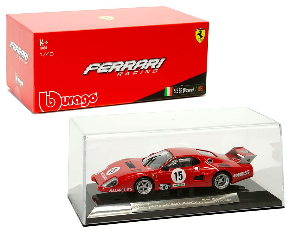Bburago-1/43 Scale Model Compatible With Ferrari Racing 512 Bb Ii Serie 1981 Racing Car Die-Cast Model Miniature Collectible,Red