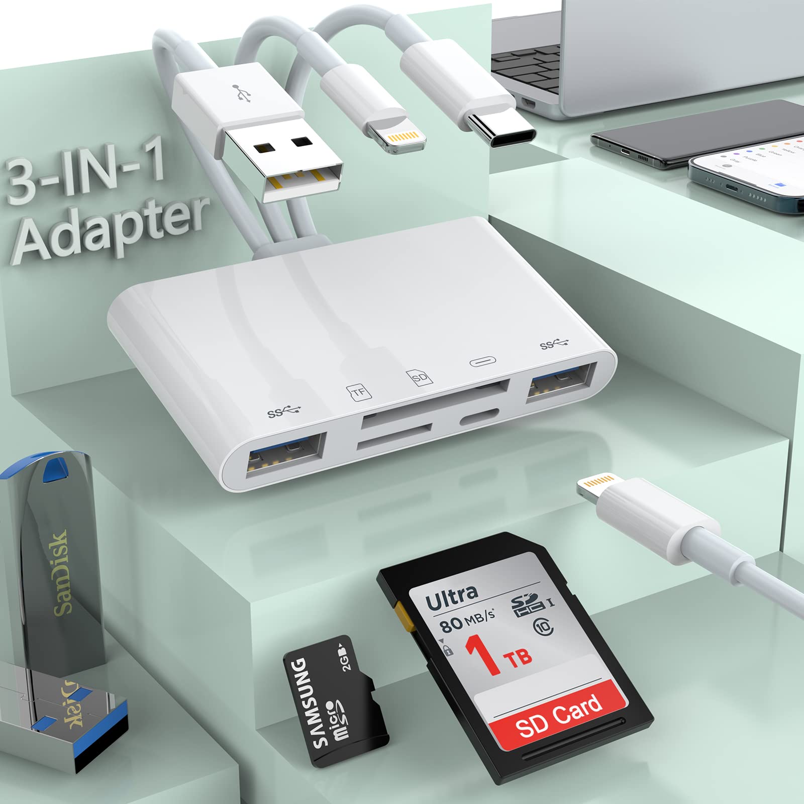 【Apple MFi Certified】 Multi 5-in-1 SD TF Memory Card Reader with SD/Micro SD/SDHC/SDXC/MMC,Lightning+Type C+USB A OTG Adapter for iPhone/iPad/Android/MacBook/PC/Tablet/Camera/Hard Disk/Flash Drive