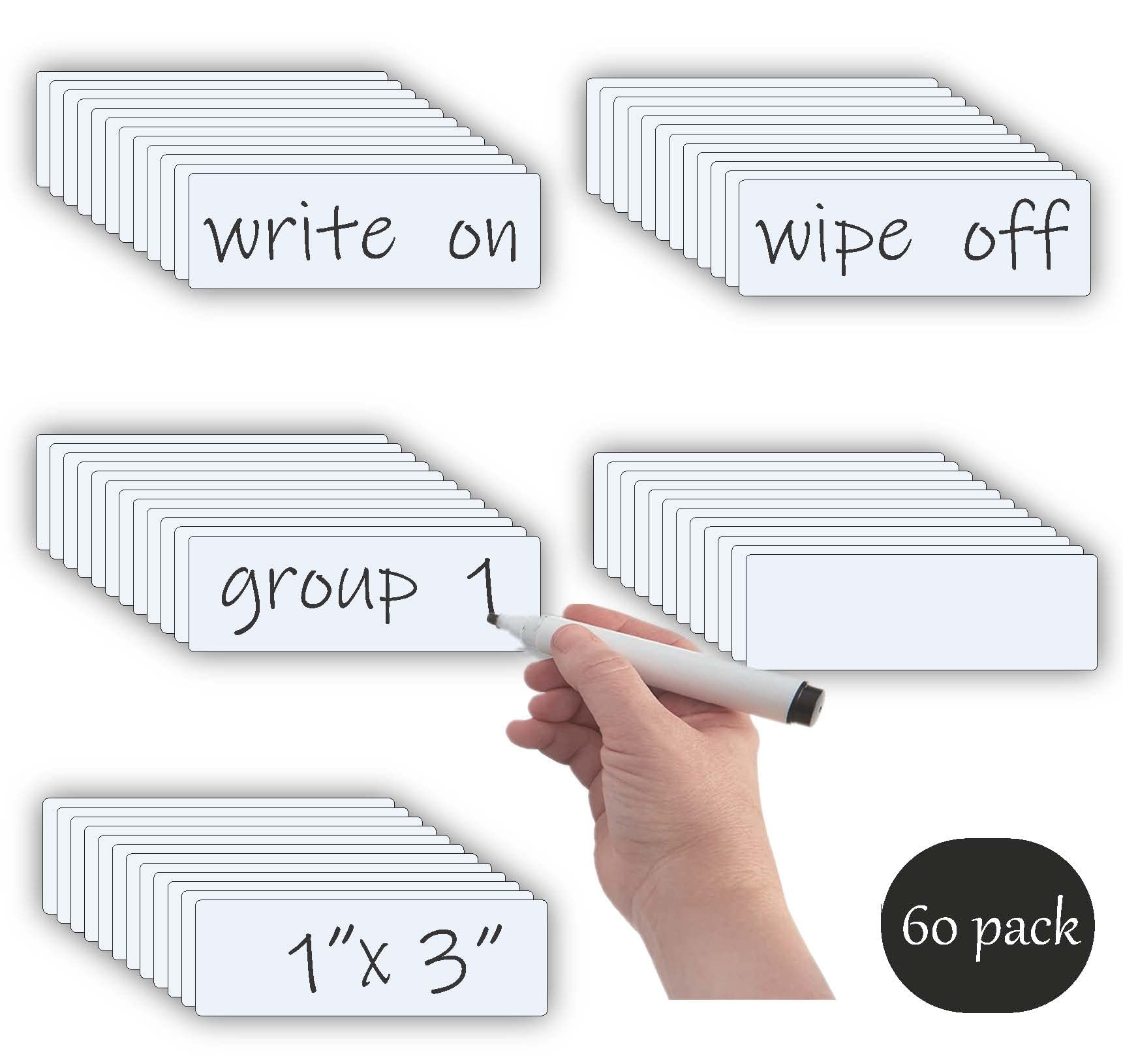 STTMGN Dry Erase Magnetic Labels (1x3",Pack of 60),Write On Magnets Sticker,Real Waterproof/Reusable for Classroom&Office&Cabinet&whiteboard&Fridge&More (White)