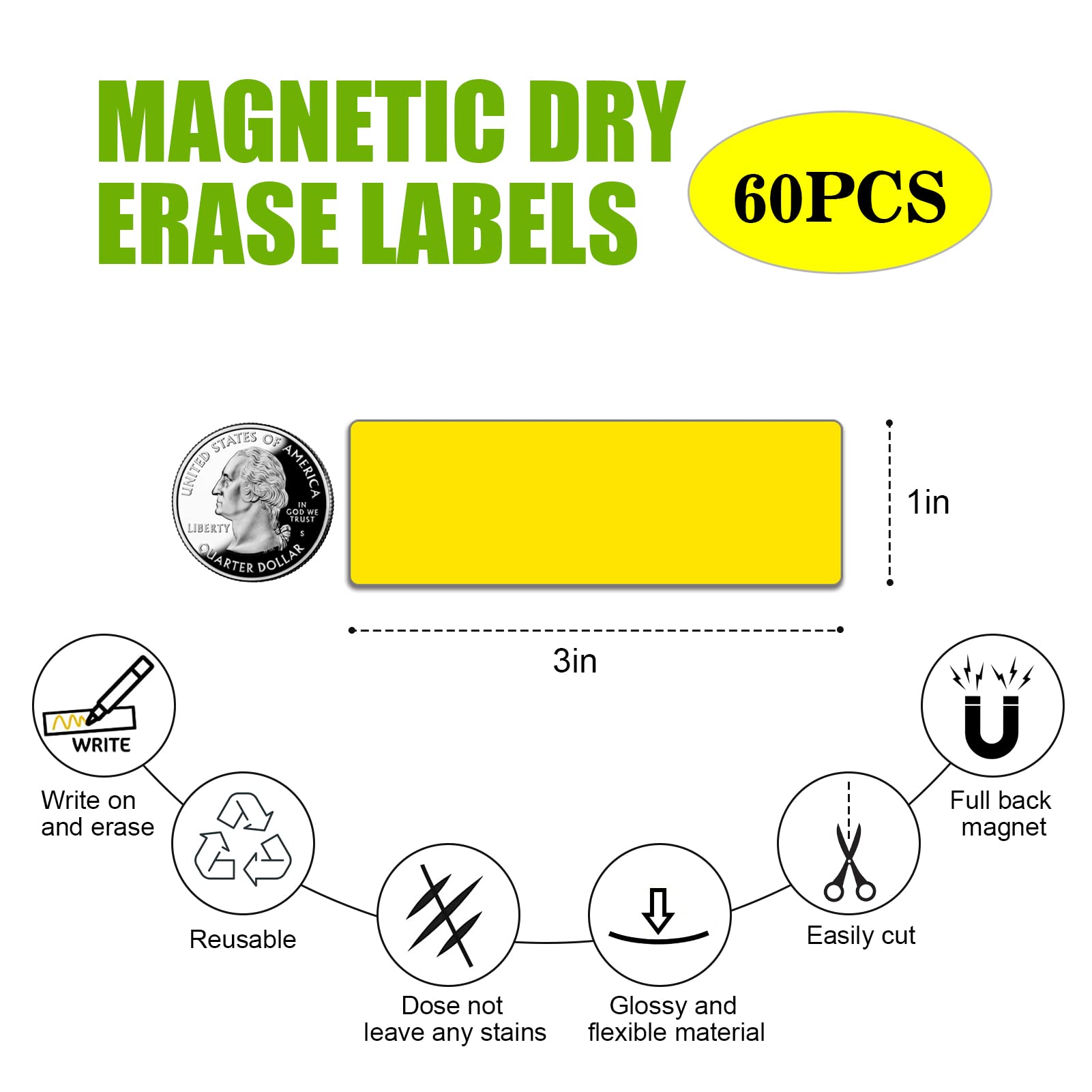 STTMGN Dry Erase Magnetic Labels (1x3",Pack of 60),Write On Magnets Sticker,Real Waterproof/Reusable for Classroom&Office&Cabinet&whiteboard&Fridge&More (White)