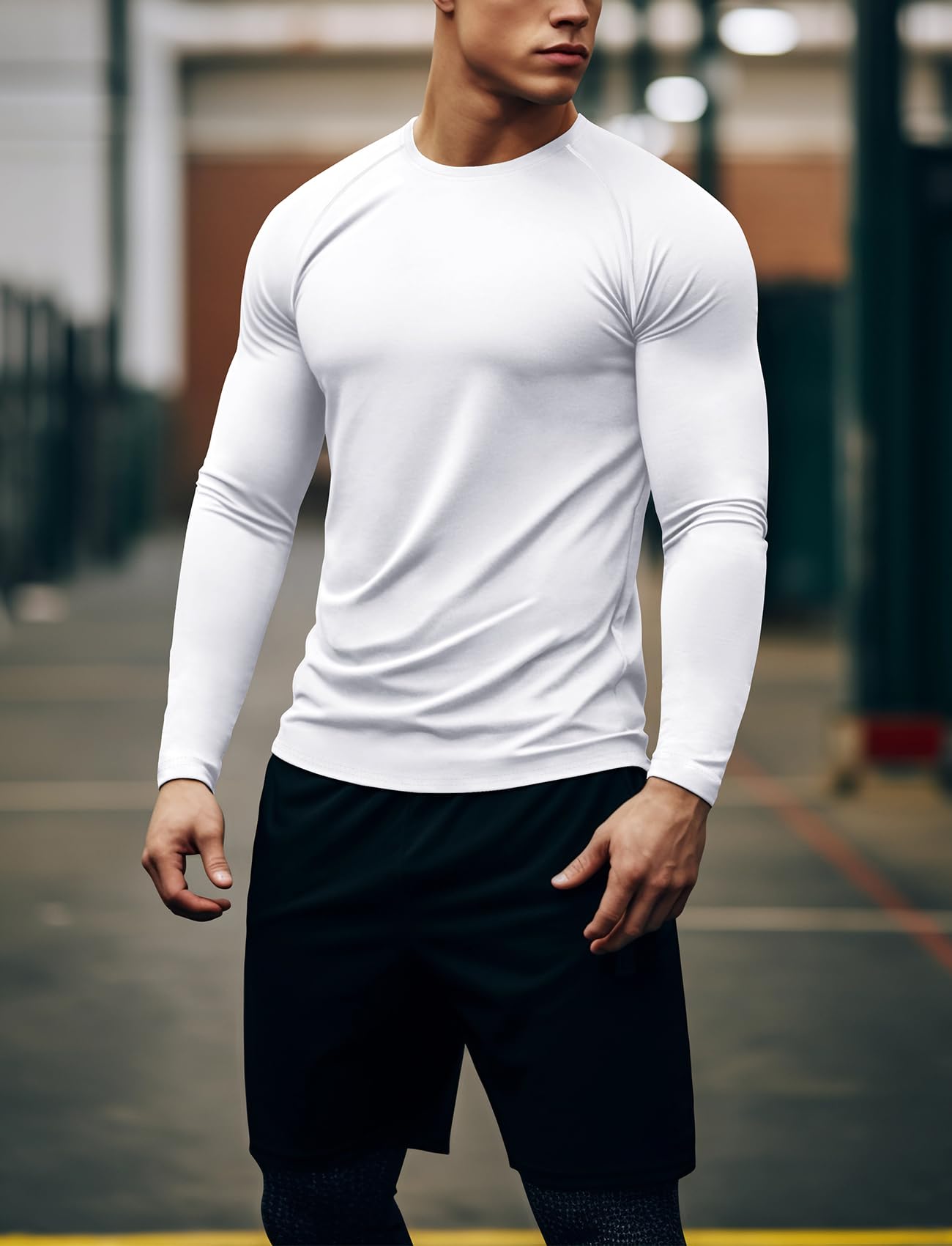 Long Sleeve Workout Shirts for Men Dry Fit(White,L)