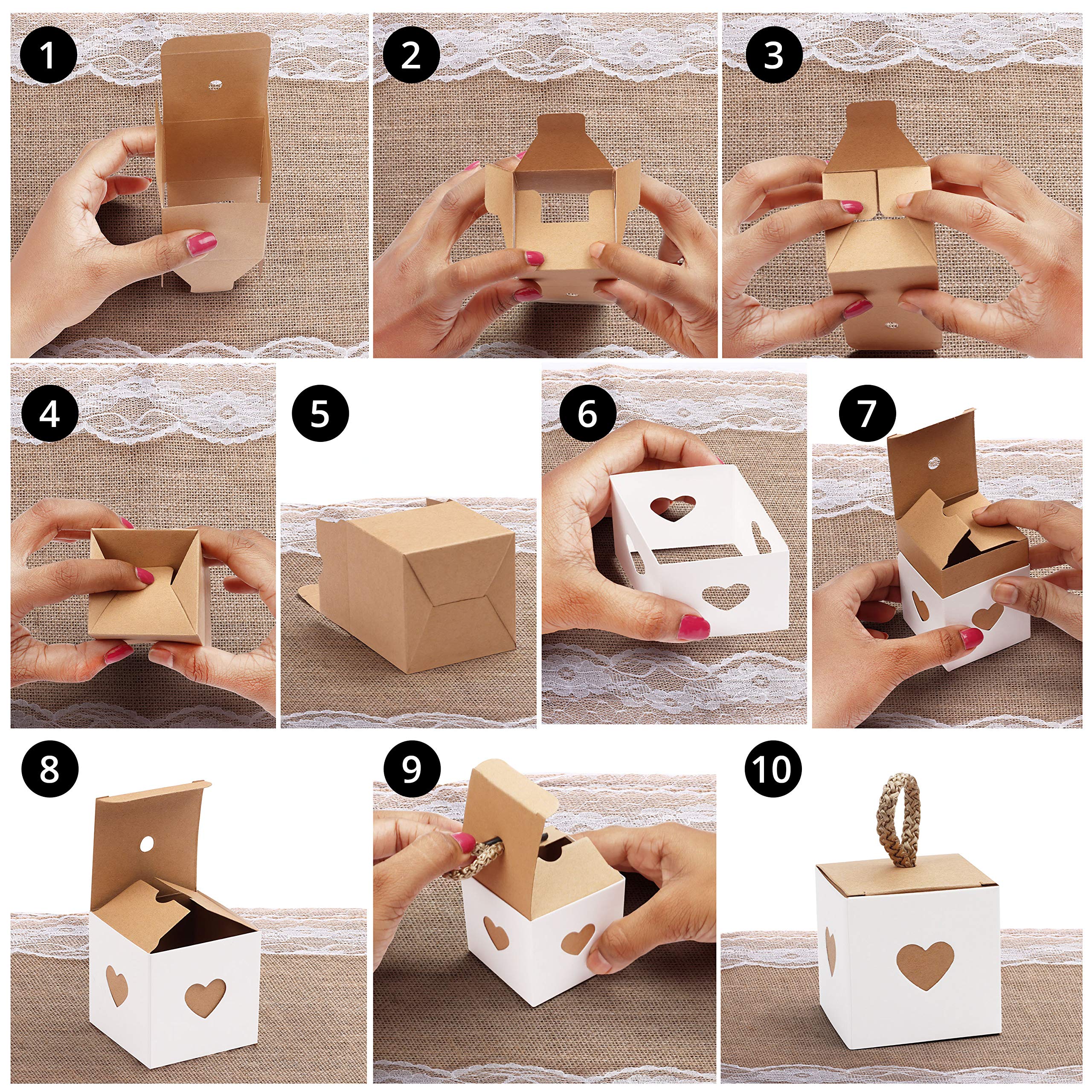 BELLE VOUS 50 Pack Mini White & Brown Heart Gift Boxes - 2 x 2 x 2 inch Wedding & Party Favor Paper Candy Kraft Boxes with Cute Twine Handles