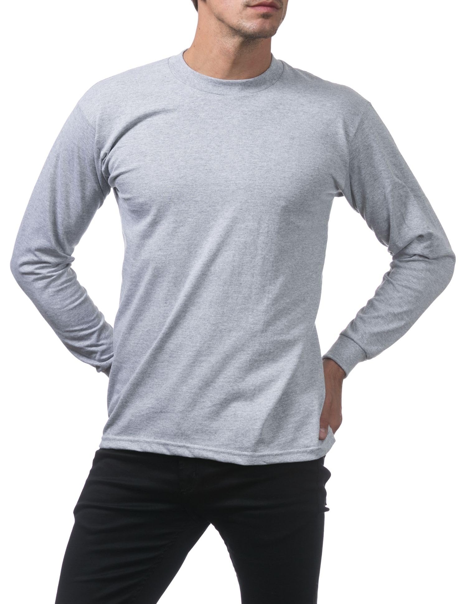 Pro Club Men's Heavyweight Cotton Long Sleeve Crew Neck T-Shirt, Heather Gray, 2X-Large