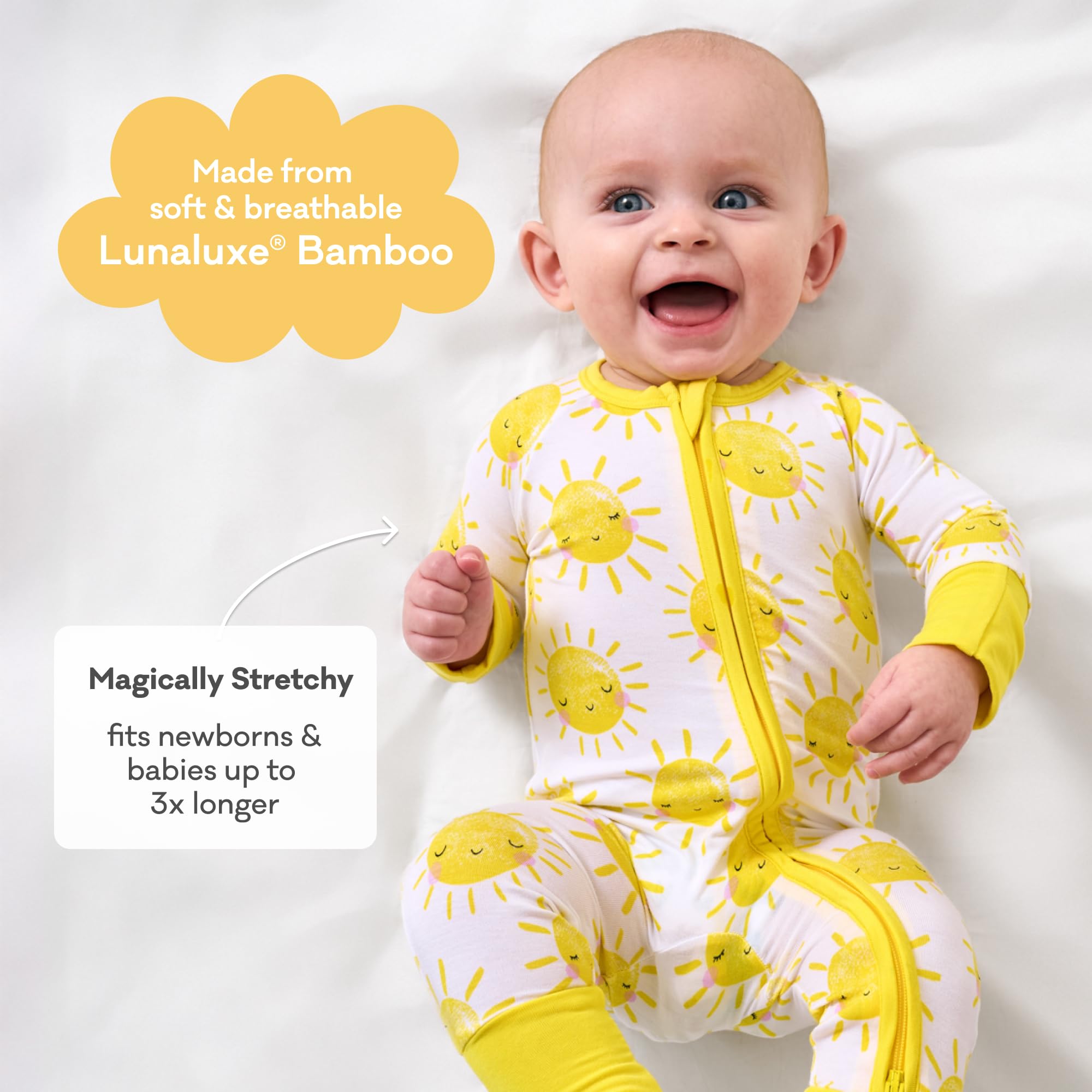 Little Sleepies Baby Pajama Unisex, Bamboo Viscose Zippy PJs, Sunshine, 3-6M