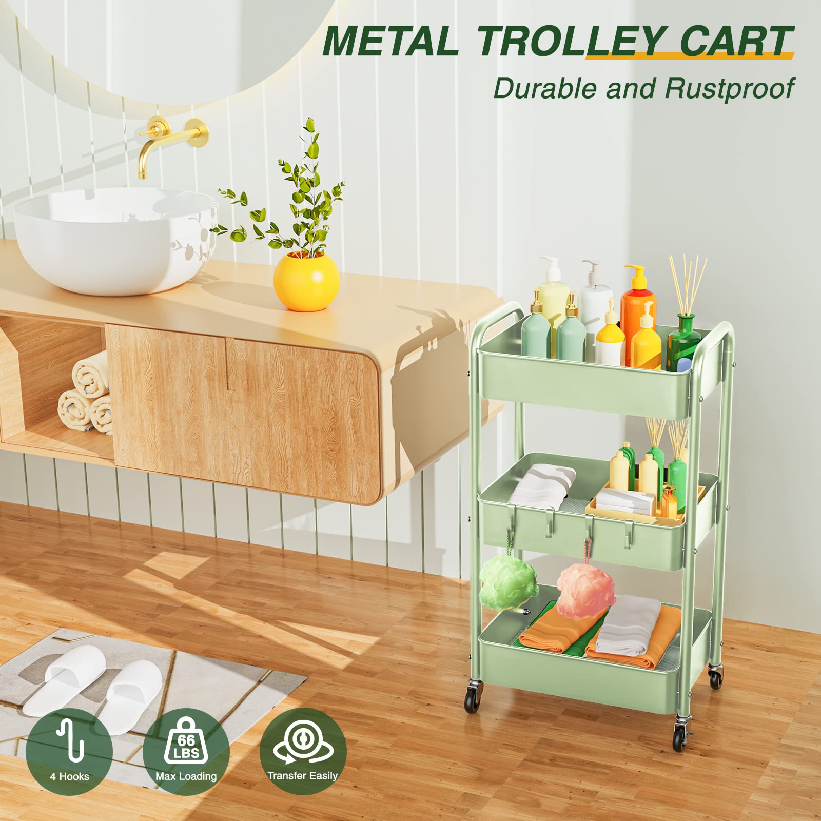 LEHOM 3 Tier Rolling Storage Cart, Metal Trolley Utility Cart with Wheels & Hooks, Easy Assembly Organizer Storage Cart for Bathroom Kitchen Office Bedroom (Green)