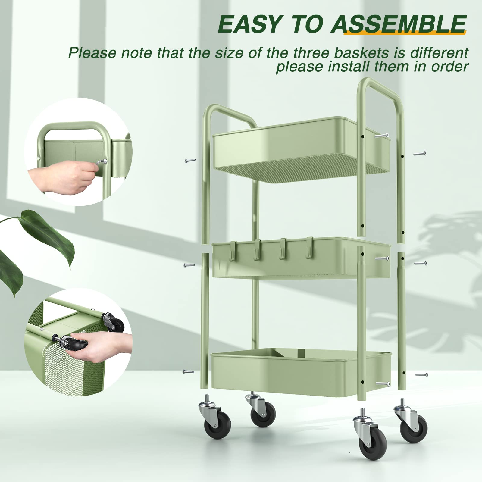 LEHOM 3 Tier Rolling Storage Cart, Metal Trolley Utility Cart with Wheels & Hooks, Easy Assembly Organizer Storage Cart for Bathroom Kitchen Office Bedroom (Green)