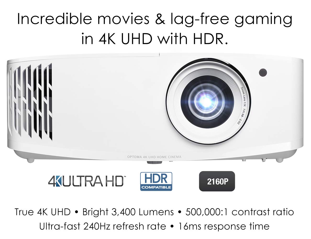 Optoma UHD30 True 4K UHD Gaming Projector | 16ms Response Time with Enhanced Gaming Mode | Lowest Input Lag on 4K Projector | 240Hz Refresh Rate | HDR10 & HLG