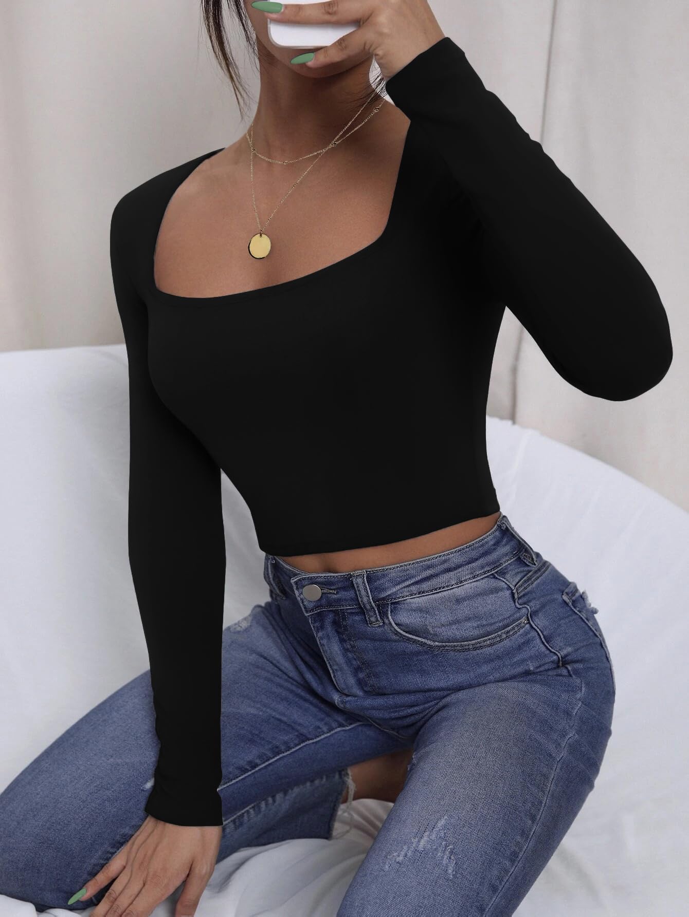 Ekouaer Womens Long Sleeve Tops Thermal Square Neck Shirt Basic Cotton Base Layer Stretchy T Shirt (Black, L)