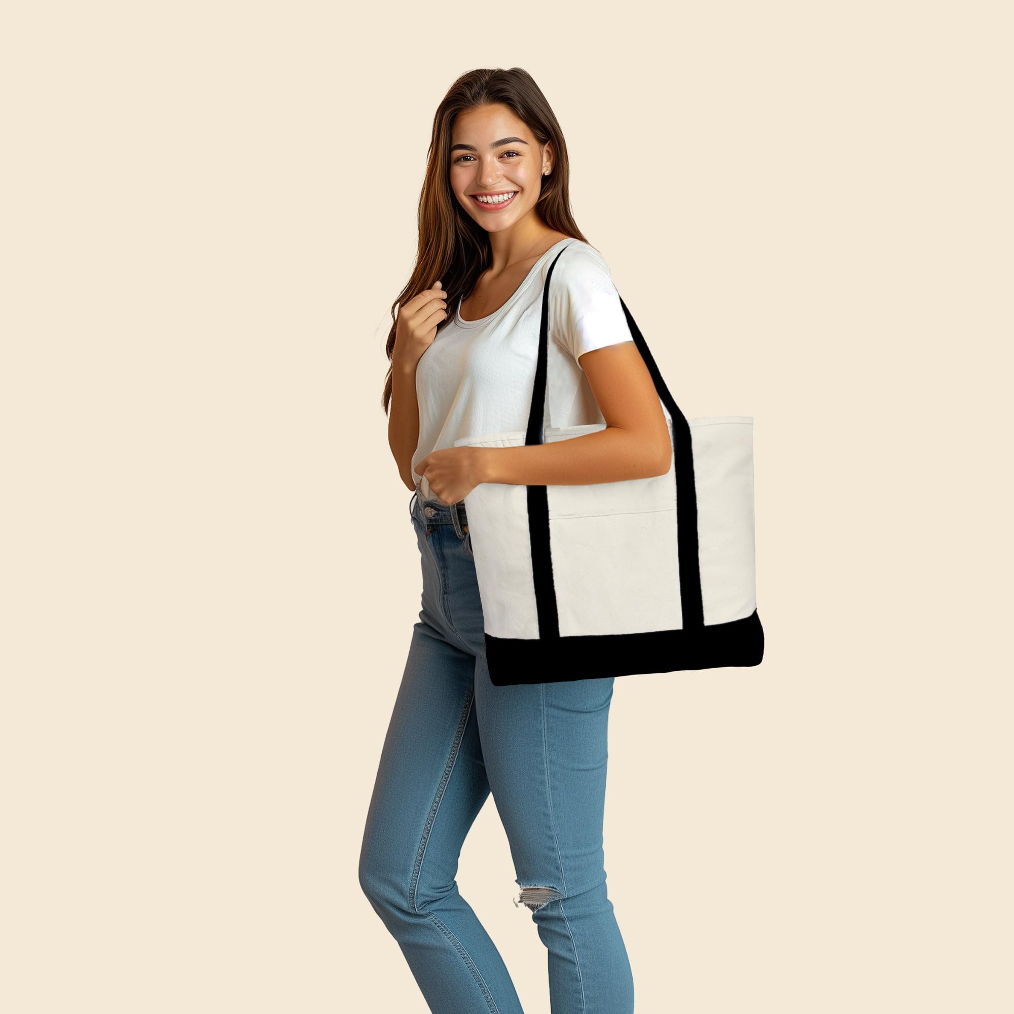 DALIX 22" Large Cotton Canvas Zippered Shopping Tote Grocery Bag in Navy Blue