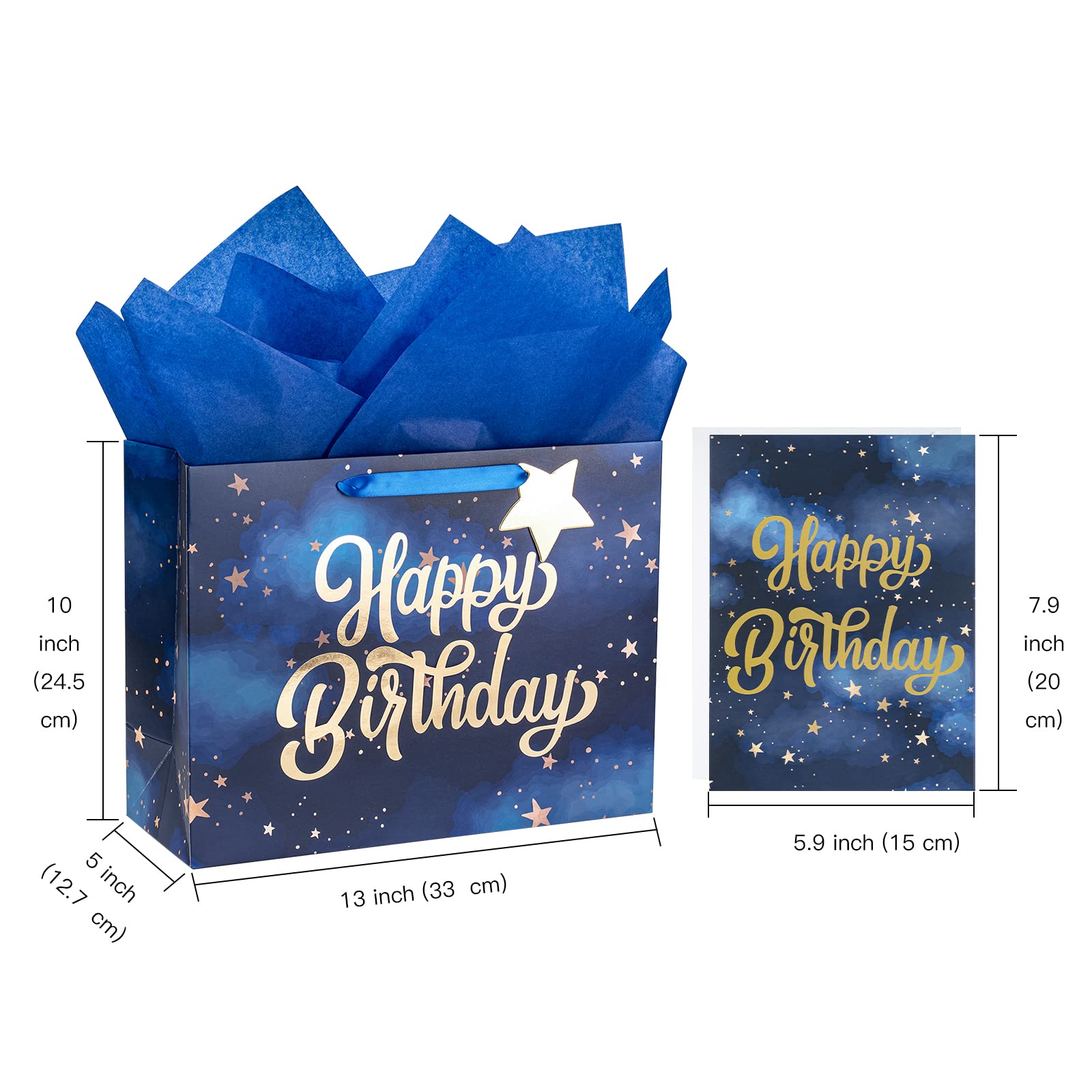 WRAPAHOLIC 13" Large Gift Bag with Card and Tissue Paper - Navy Star Gold Foil Happy Birthday