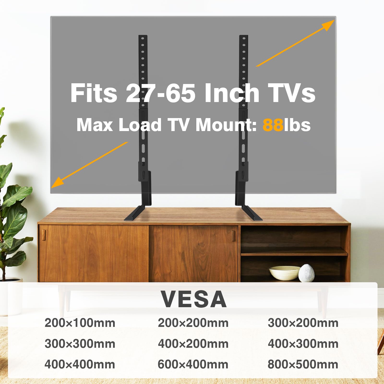 Universal Table Top TV Stand for Most 27 30 32 37 40 43 47 50 55 60 65 Inch Plasma LCD LED Flat or Curved Screen TVs with Height Adjustment, VESA Patterns up to 800x500 mm, 88 lbs
