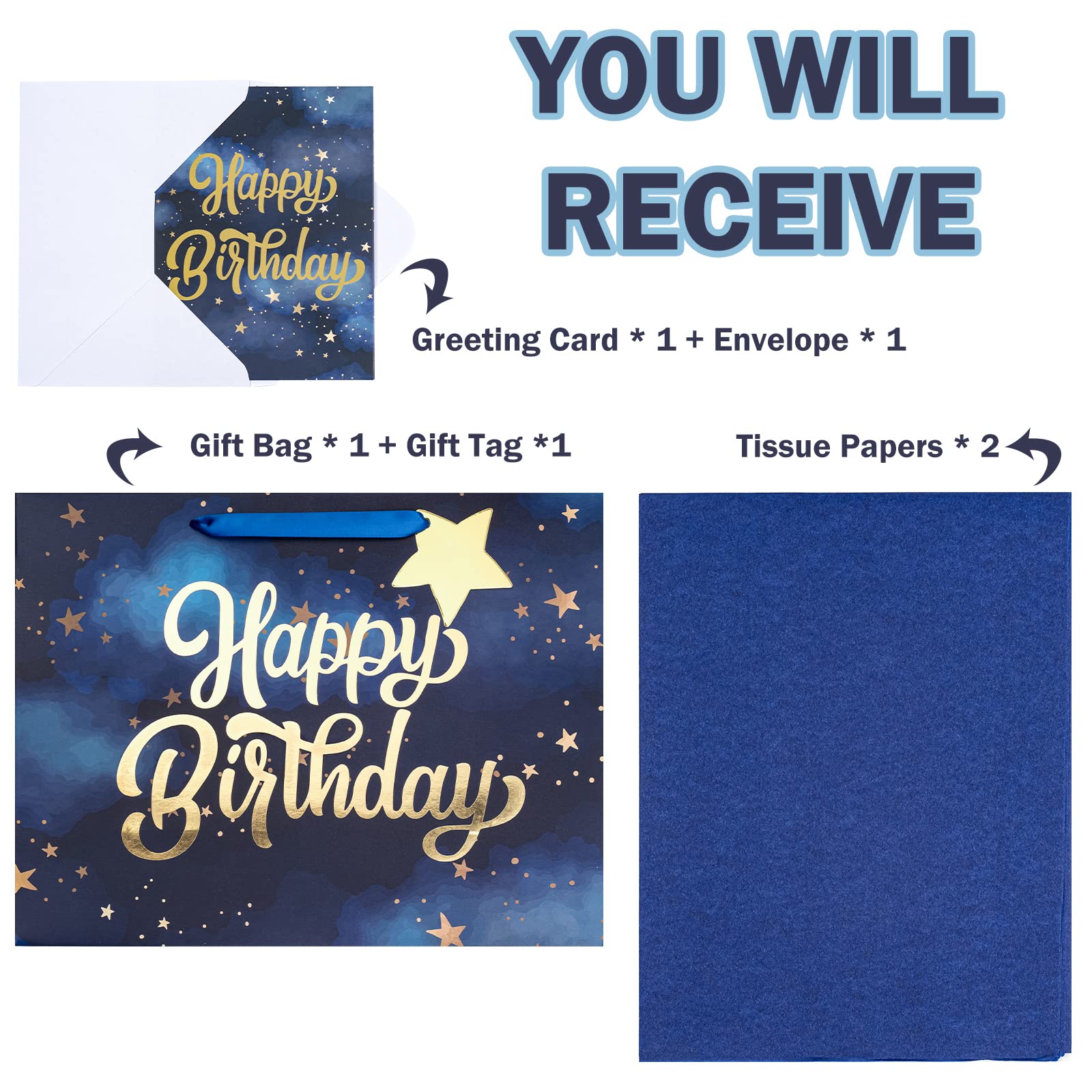 WRAPAHOLIC 13" Large Gift Bag with Card and Tissue Paper - Navy Star Gold Foil Happy Birthday