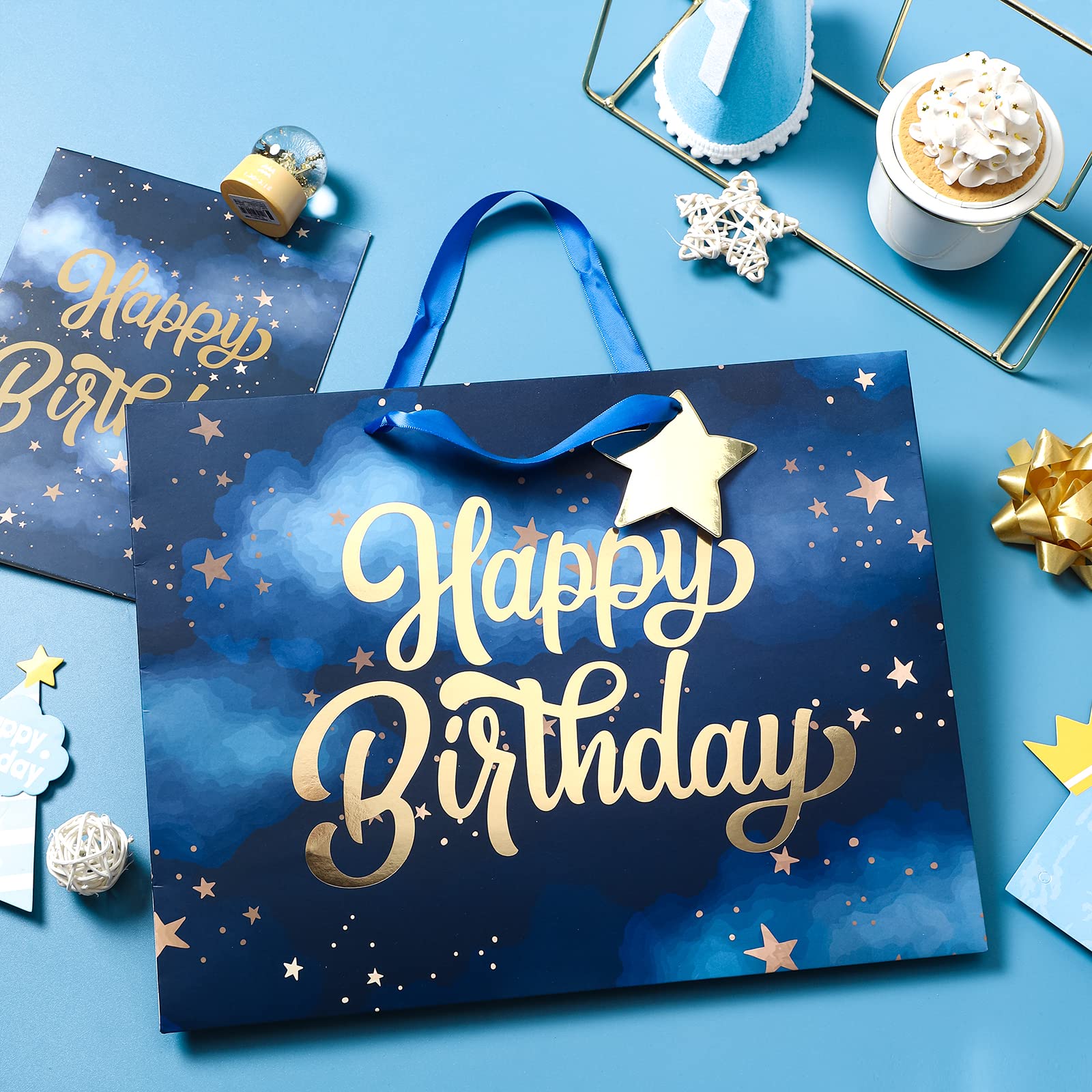 WRAPAHOLIC 13" Large Gift Bag with Card and Tissue Paper - Navy Star Gold Foil Happy Birthday