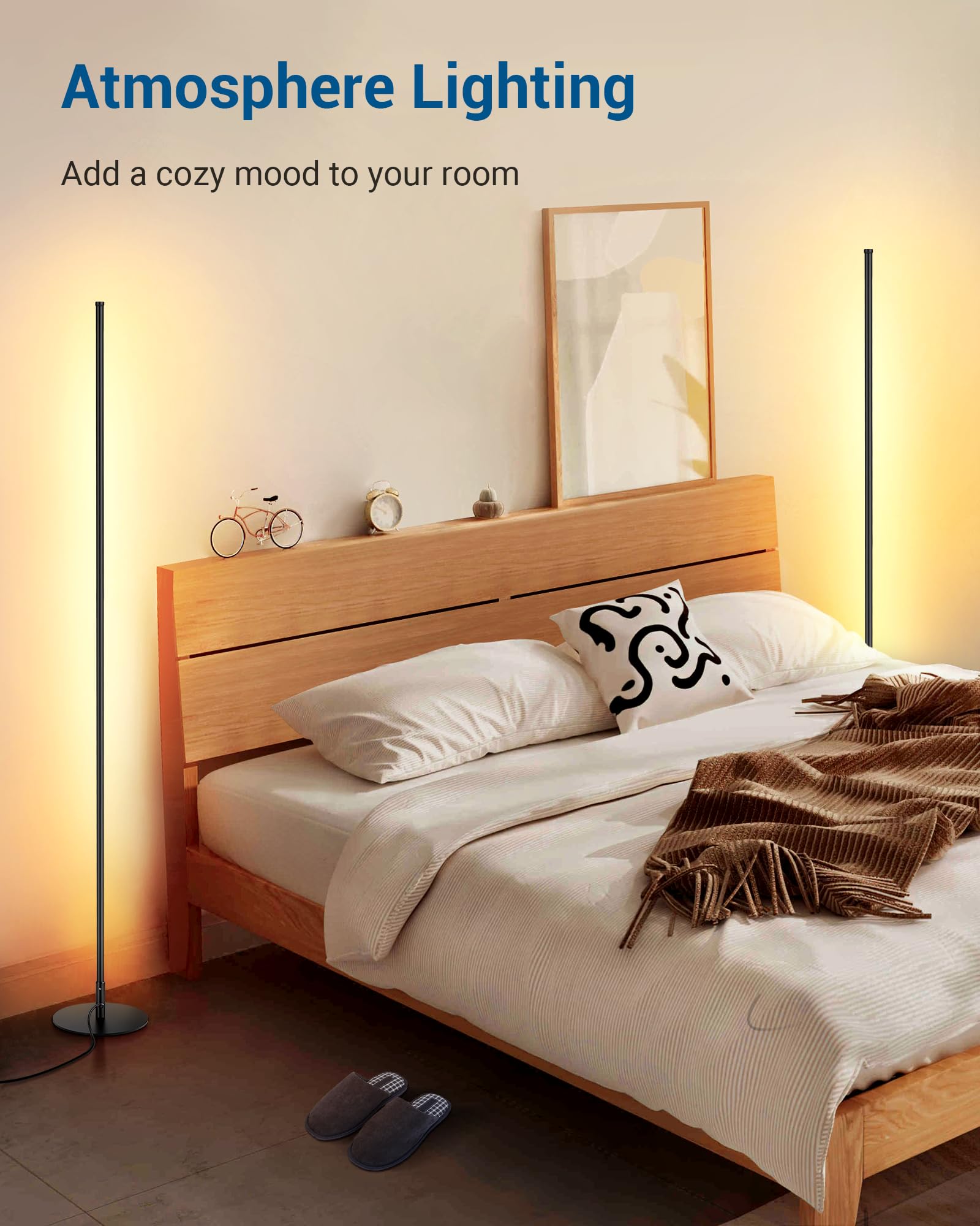 DEWENWILS 57.5" Minimalist LED Corner Floor Lamp, Set of 2 Modern Dimmable Mood Lighting, Standing Tall Floor Lamp for Living Room, Bedroom, Office, 3000K Warm White Light (Black)