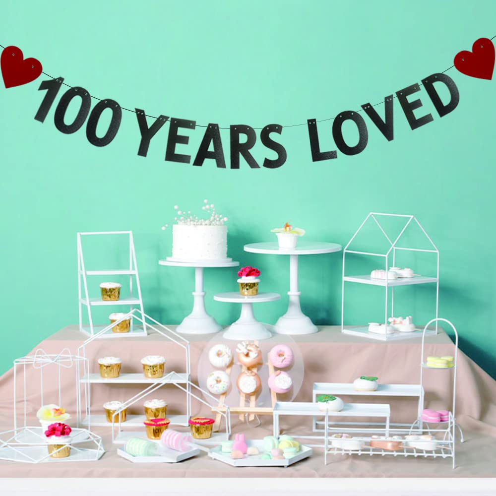 100 YEARS LOVED Banner，Pre-strung，100th Birthday / Wedding Anniversary Party Decorations Supplies，Black Glitter Paper Garlands Backdrops, Letters Black Betteryanzi