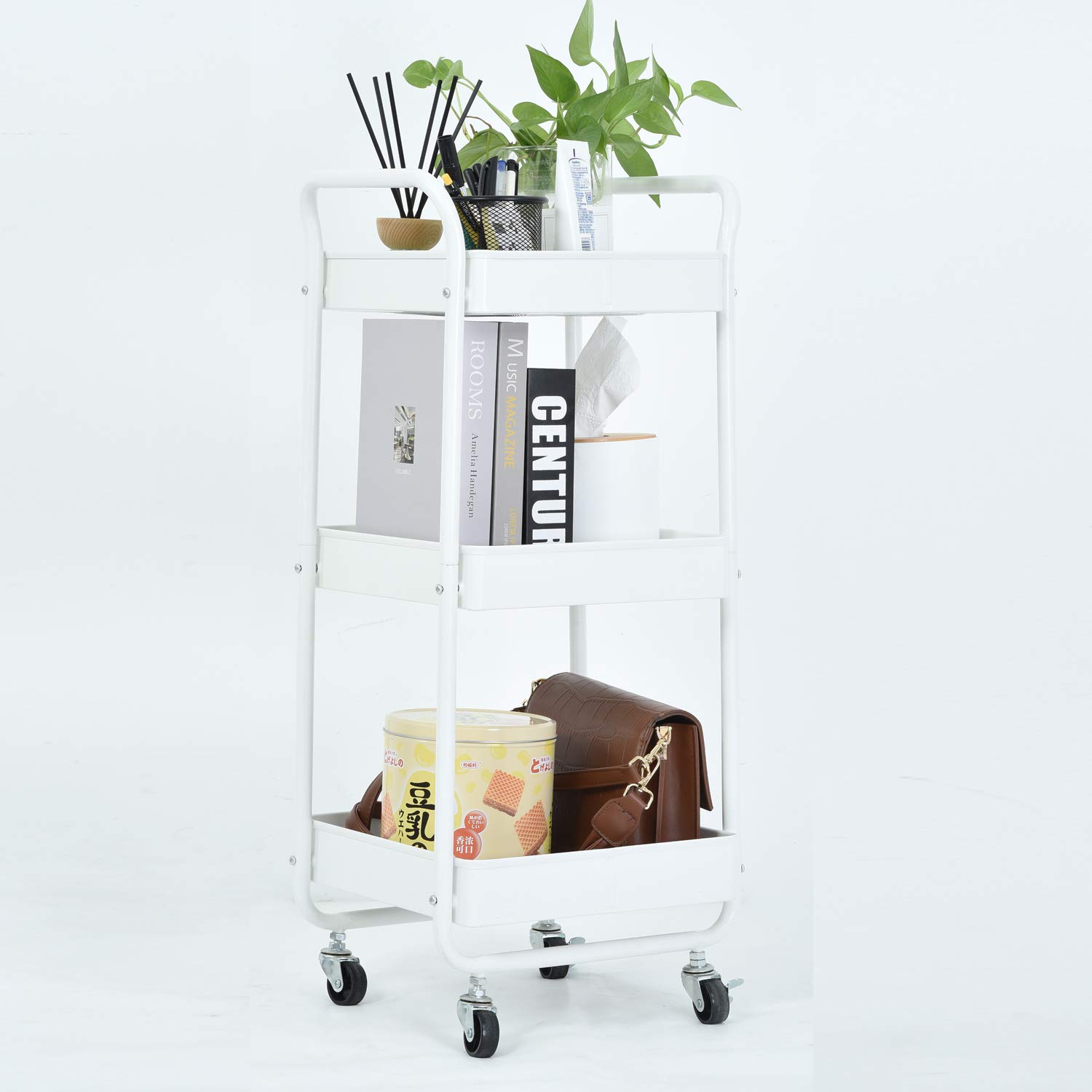 3-Tier Metal Utility Rolling Cart, Bathroom Supply Carts with Handles and Roller Wheels, Trolley Organizer for Kitchen Home Bedroom Office, White