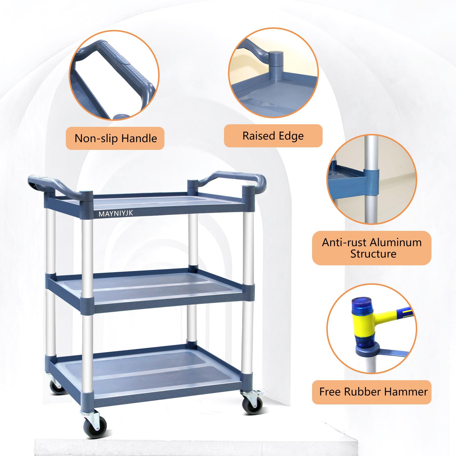 MAYNIYJK Utility Carts with Wheels, 3-Tire Restaurant Cart, Heavy Duty Rolling Cart Food Service Cart 420lbs, Plastic Bus Cart with Lockable Wheels and Rubber Hammer for Warehouse/Office/Kitchen, Grey