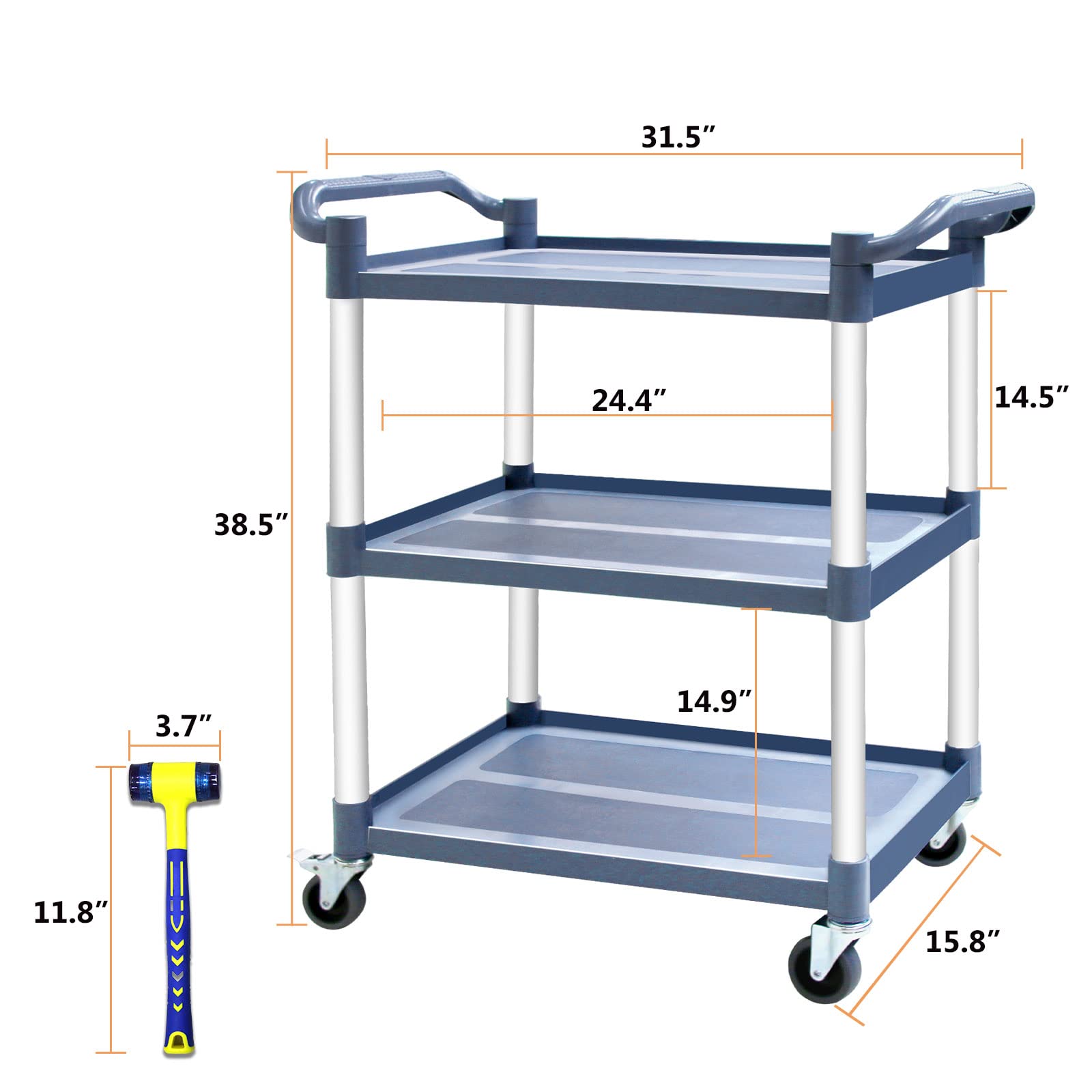 MAYNIYJK Utility Carts with Wheels, 3-Tire Restaurant Cart, Heavy Duty Rolling Cart Food Service Cart 420lbs, Plastic Bus Cart with Lockable Wheels and Rubber Hammer for Warehouse/Office/Kitchen, Grey