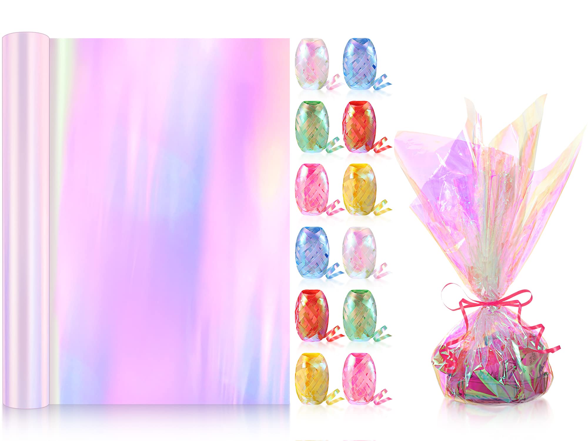 31.5 Inch x 50 Ft Iridescent Film Cellophane Roll Rainbow Holographic Cellophane Wrap Paper with 10 Rolls Colorful Metallic Curling Balloon Ribbon for Flower Gift Candy Handicraft Crafts