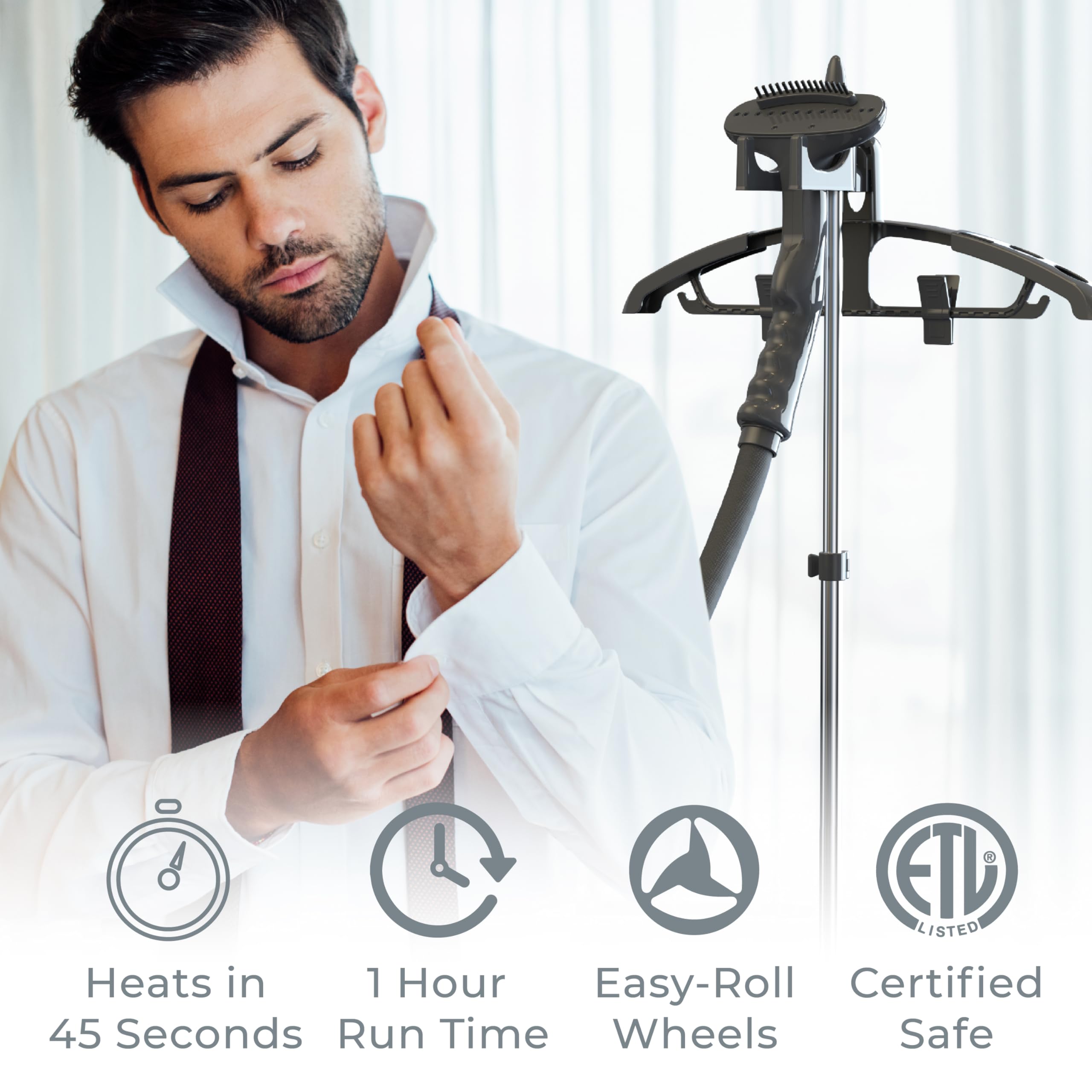 Pure Enrichment® PureSteam™ XL Standing Steamer with Garment Hanger - Heats in 45 Seconds with 0.5-Gallon Water Tank for 1 Hour Continuous Steaming - Includes Fabric Brush and Easy-roll Wheels