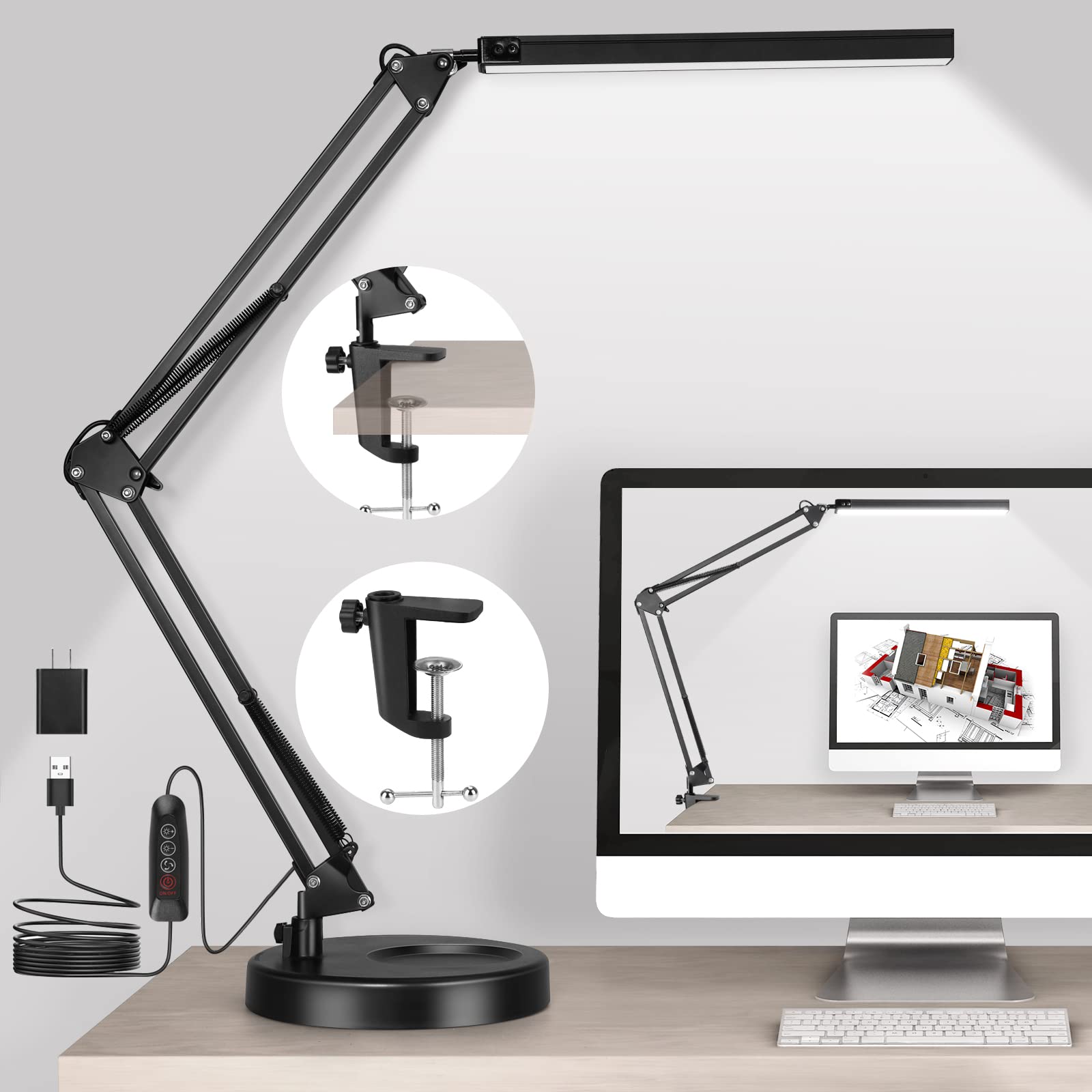 IVMAIE LED Desk Lamp with Clamp & Round Base & Adapter, 3 Colors 10 Brightness Eye-Caring Architect Desk Light with Memory Function, 360° Spin Tall Swing Arm Desk Lamps for Home Office