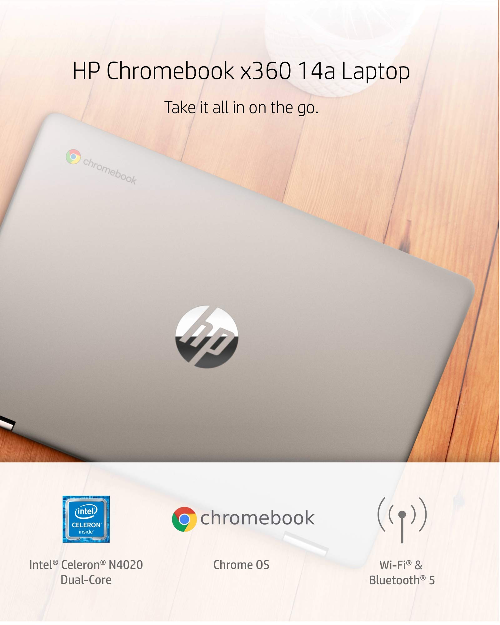HP Chromebook x360 14a Laptop - Dual Core Intel Celeron N4020 - 4 GB RAM - 32 GB eMMC Storage - 14-inch HD Touchscreen - Google Chrome OS - Lightweight and Long Battery Life (14a-ca0010nr, 2020)