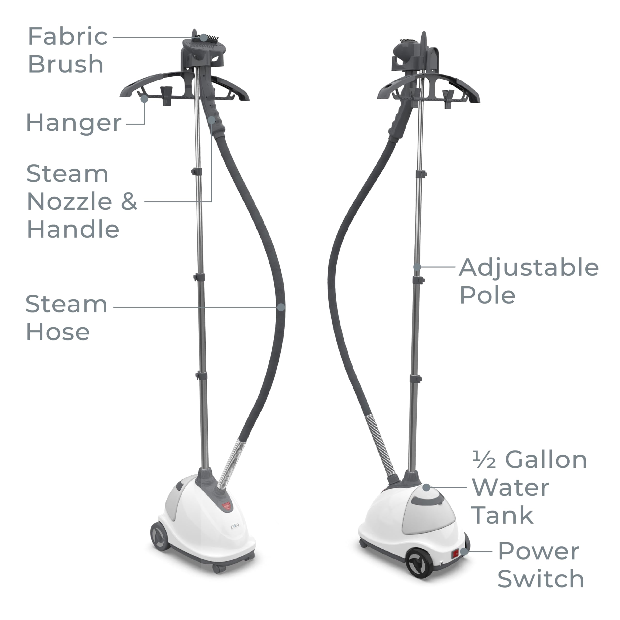 Pure Enrichment® PureSteam™ XL Standing Steamer with Garment Hanger - Heats in 45 Seconds with 0.5-Gallon Water Tank for 1 Hour Continuous Steaming - Includes Fabric Brush and Easy-roll Wheels