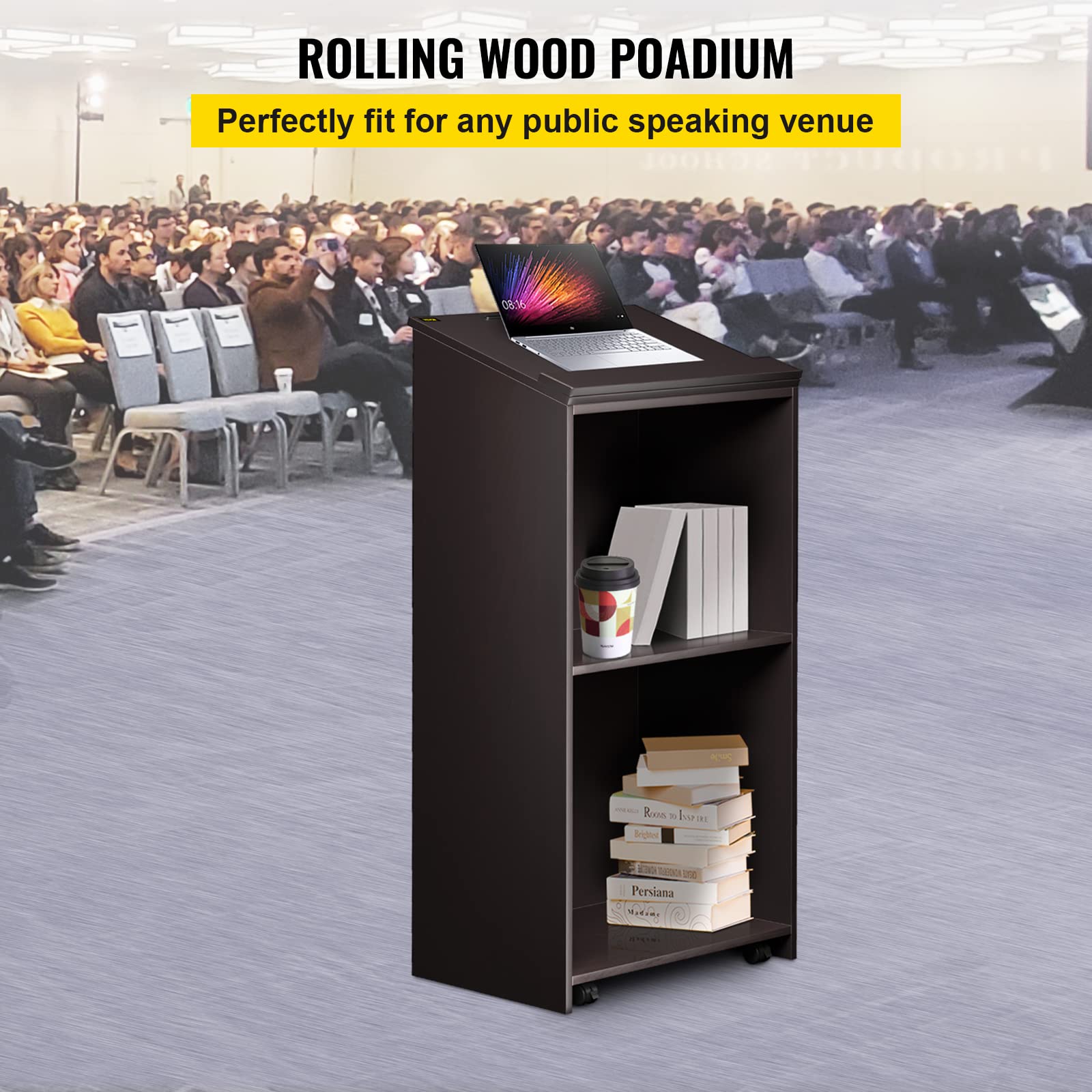 VEVOR Wood Podium, 23.6" x 47.2", Lecterns and Podiums w/ 4 Rolling Wheels, Slant Surface, Baffle Plate & Shelf, Easy Assembly Ebony Lecterns for Church, Office, School, Home (Black)