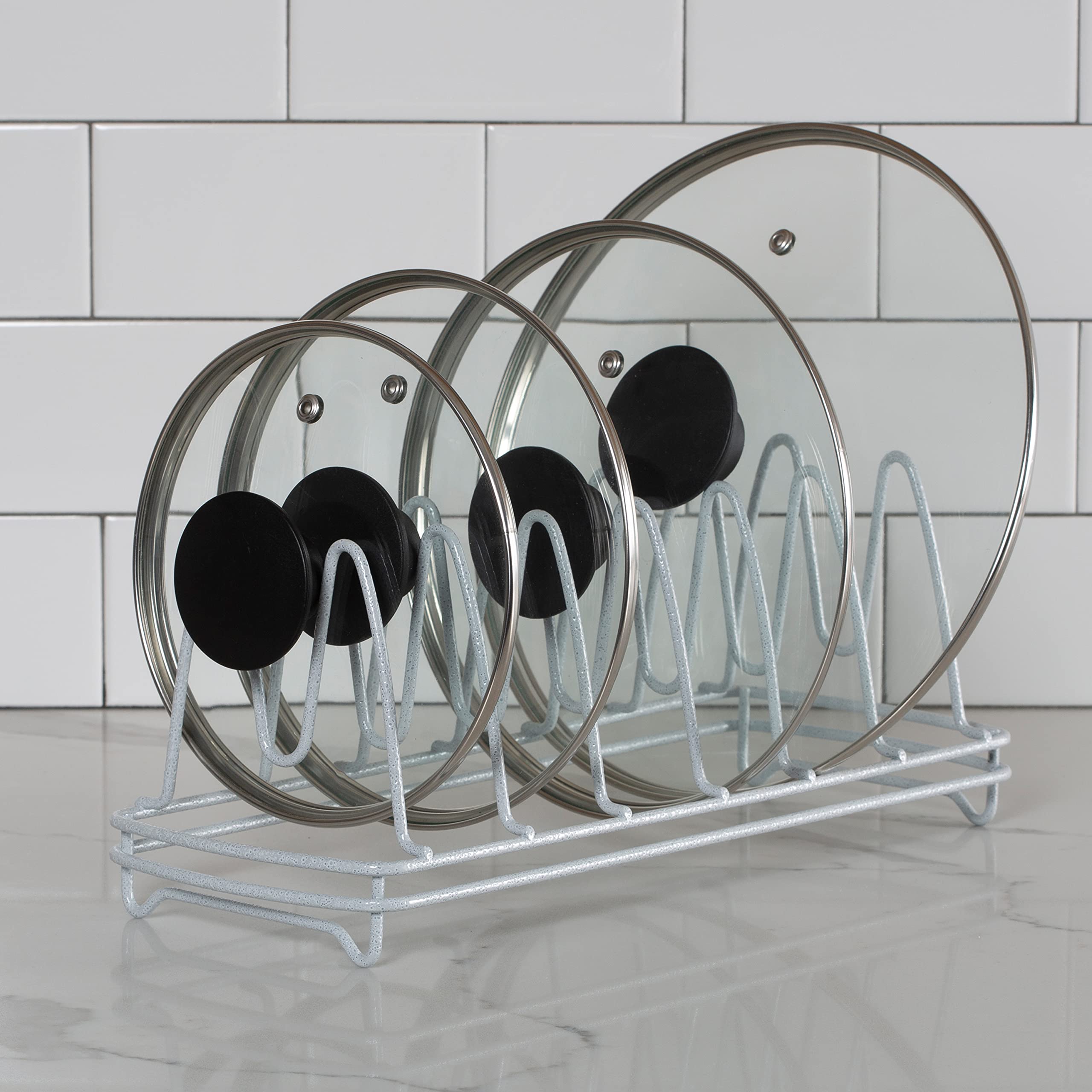 Laura Ashley Lid Organizer for Pots & Pants, in Cabinet or Countertop Speckled Kitchen Collection, 13.6"x 5.3"x 5.4", White