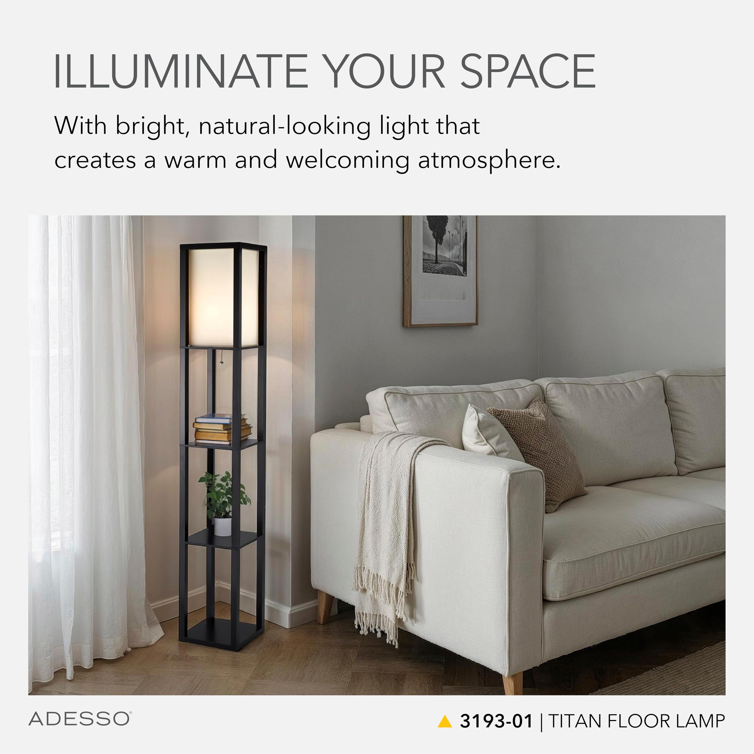 Adesso 3193-01 Titan Tall Shelf Floor Lamp, 72 in, 150W Incandescent/equiv. CFL, Black PVC Veneer on MDF, 1 Floor Lamp