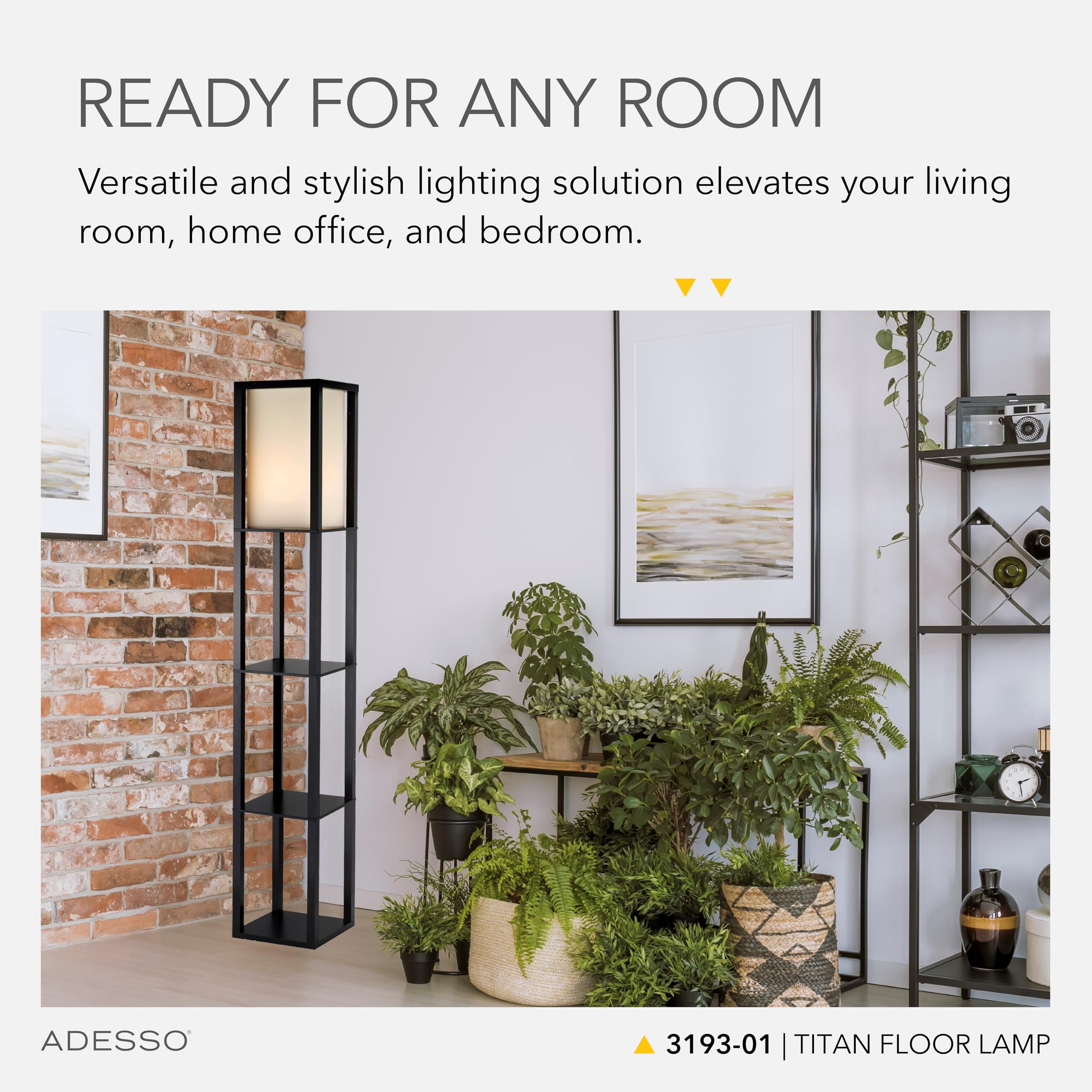 Adesso 3193-01 Titan Tall Shelf Floor Lamp, 72 in, 150W Incandescent/equiv. CFL, Black PVC Veneer on MDF, 1 Floor Lamp