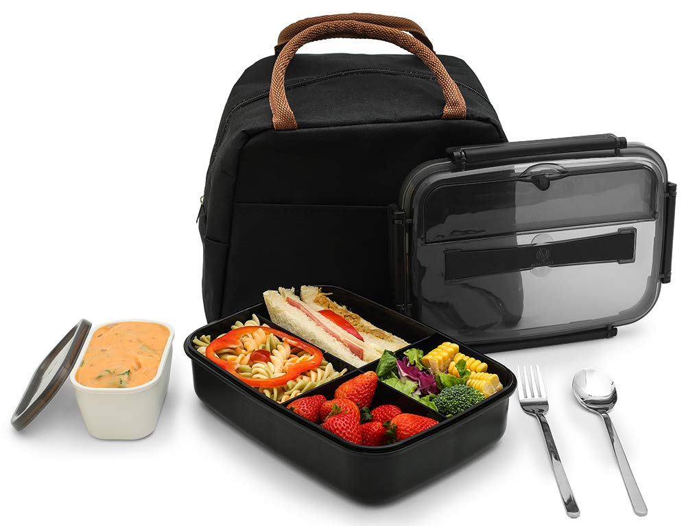 MINCOCO Bento Lunch Box Leak-proof Eco-Friendly Bento Box Food Storage Containers with Sauce Jar and Stainless Spoon&Fork for Adults Women Men Kids