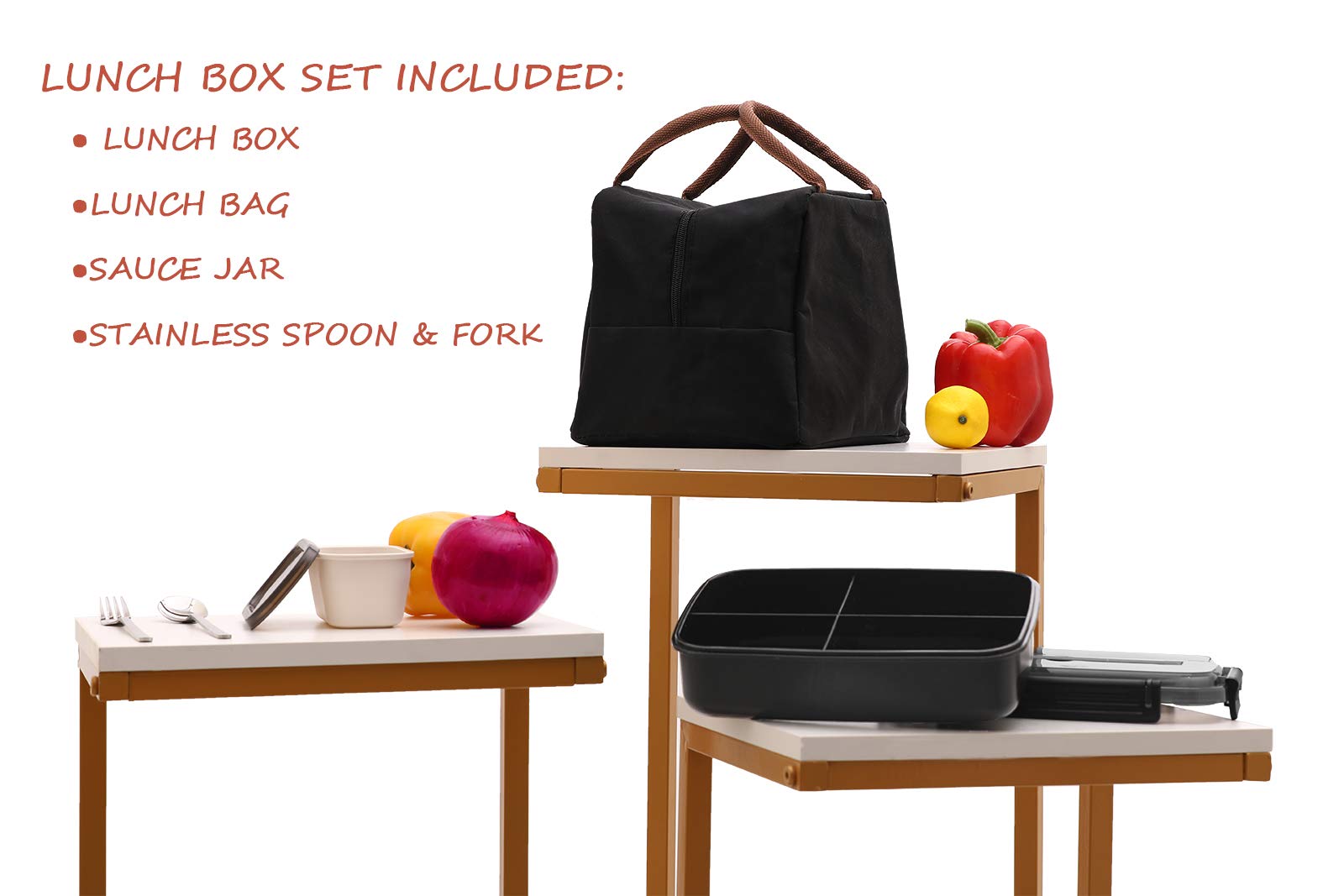 MINCOCO Bento Lunch Box Leak-proof Eco-Friendly Bento Box Food Storage Containers with Sauce Jar and Stainless Spoon&Fork for Adults Women Men Kids