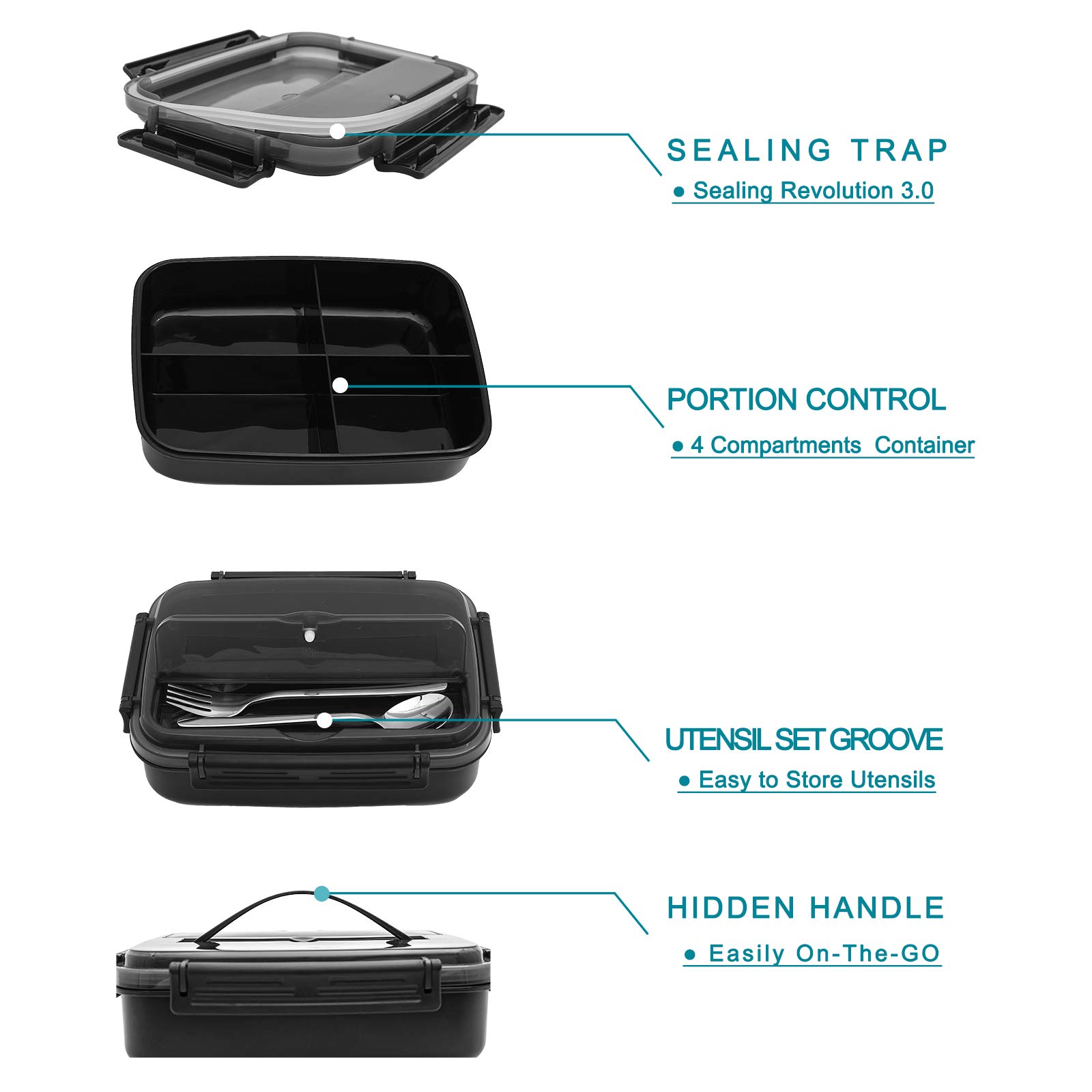 MINCOCO Bento Lunch Box Leak-proof Eco-Friendly Bento Box Food Storage Containers with Sauce Jar and Stainless Spoon&Fork for Adults Women Men Kids