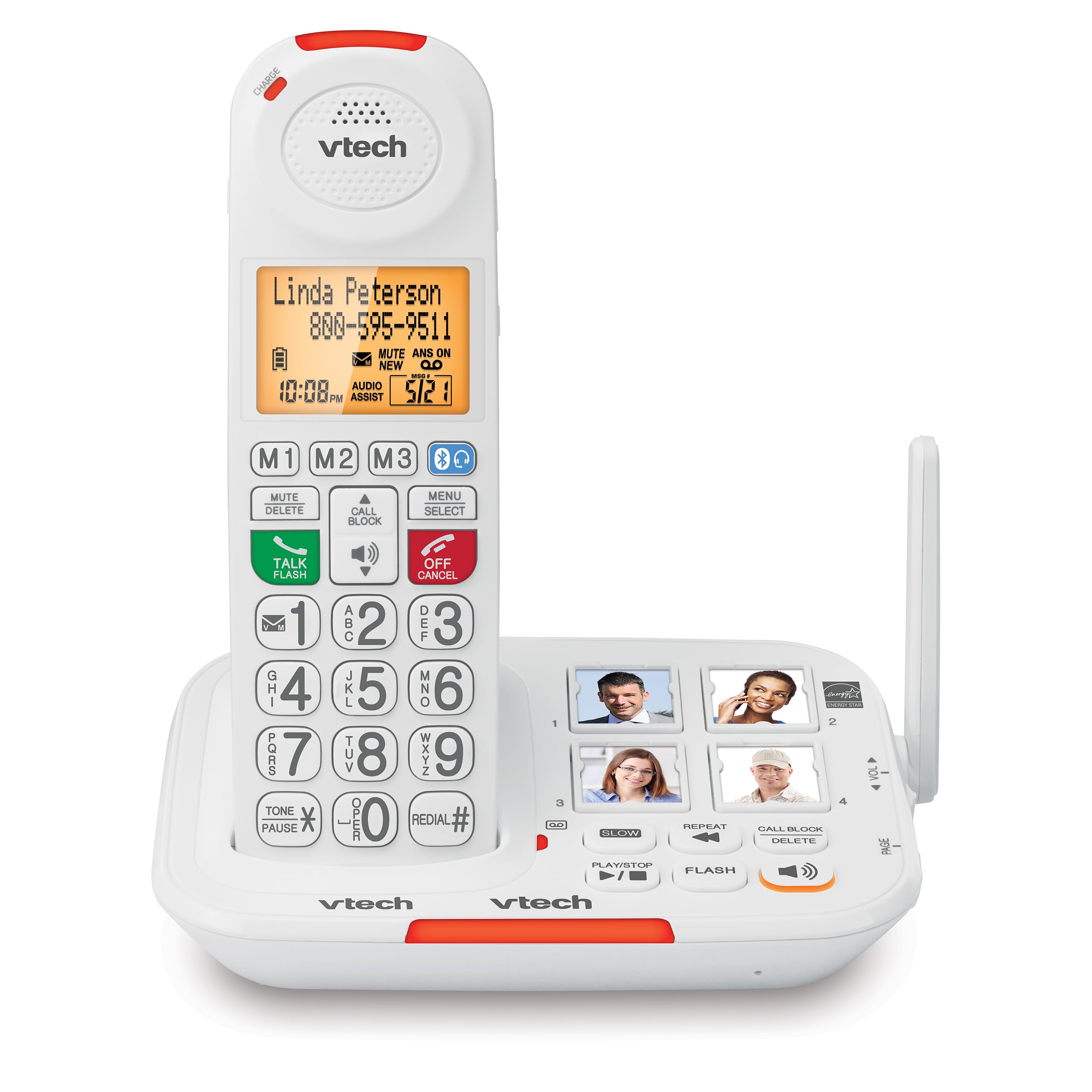 VTech SN5127 Amplified Cordless Senior Phone with Answering Machine, Call Blocking, 90dB Extra-loud Visual Ringer, One-touch Audio Assist on Handset up to 50dB, Big Buttons and Large Display, White