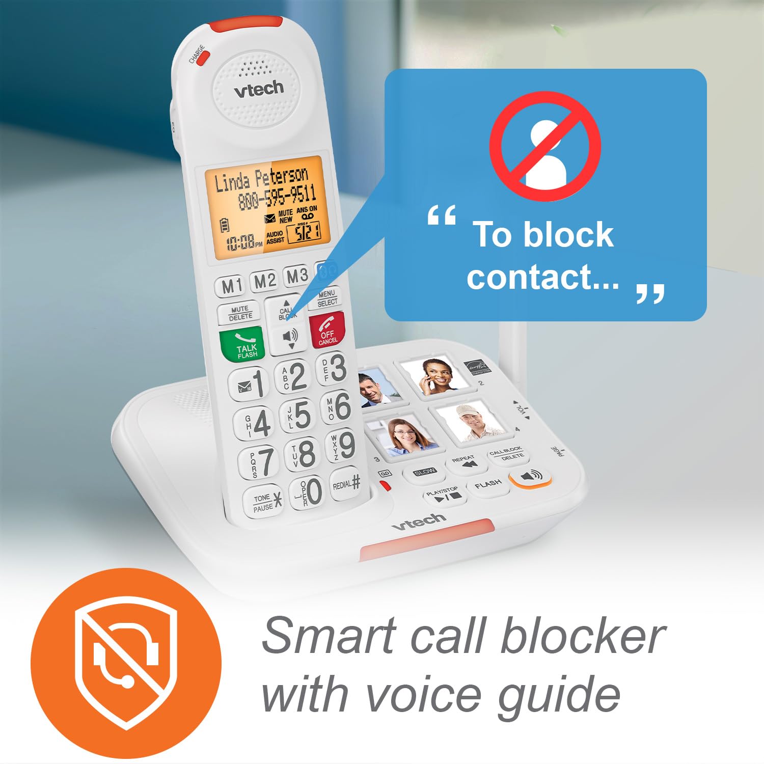 VTech SN5127 Amplified Cordless Senior Phone with Answering Machine, Call Blocking, 90dB Extra-loud Visual Ringer, One-touch Audio Assist on Handset up to 50dB, Big Buttons and Large Display, White
