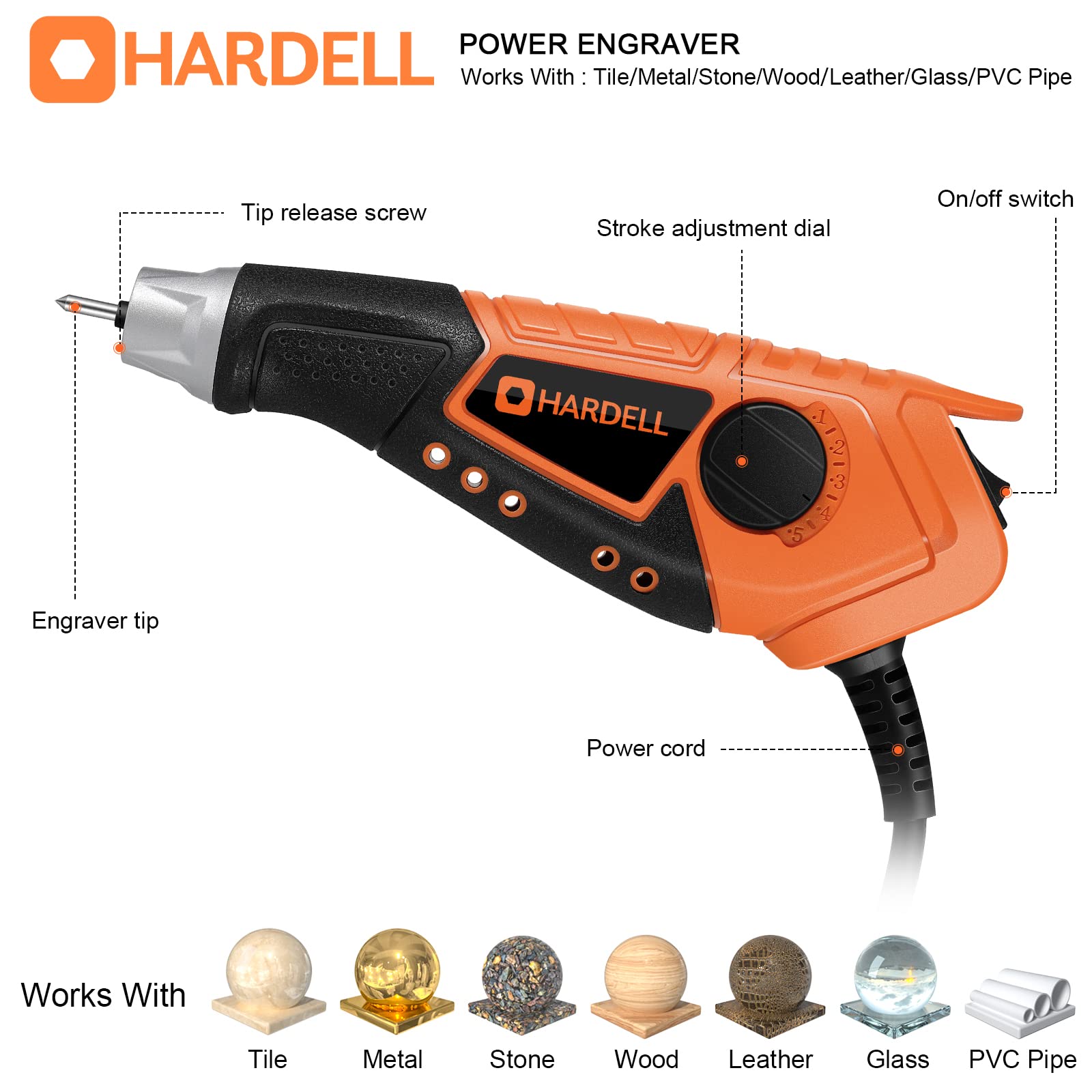 HARDELL 15W Engraver, 5 Speed Engraving Pen with 2 Stencils and 3 Tungsten Carbide Steel Bits, Handheld Etching Tool for Metal, Wood, Glass, DIY Crafting, Leather, PVC Pipe, Stone(Pink)