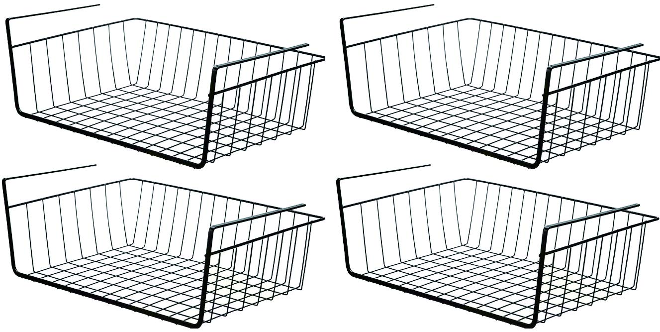 PENGKE Black Under Shelf Basket,4 Pack Slides Under Cabinet Storage Shelf Wire Baskets,Space Saving for Kitchen Counter Pantry Desk Bookshelf Cupboard