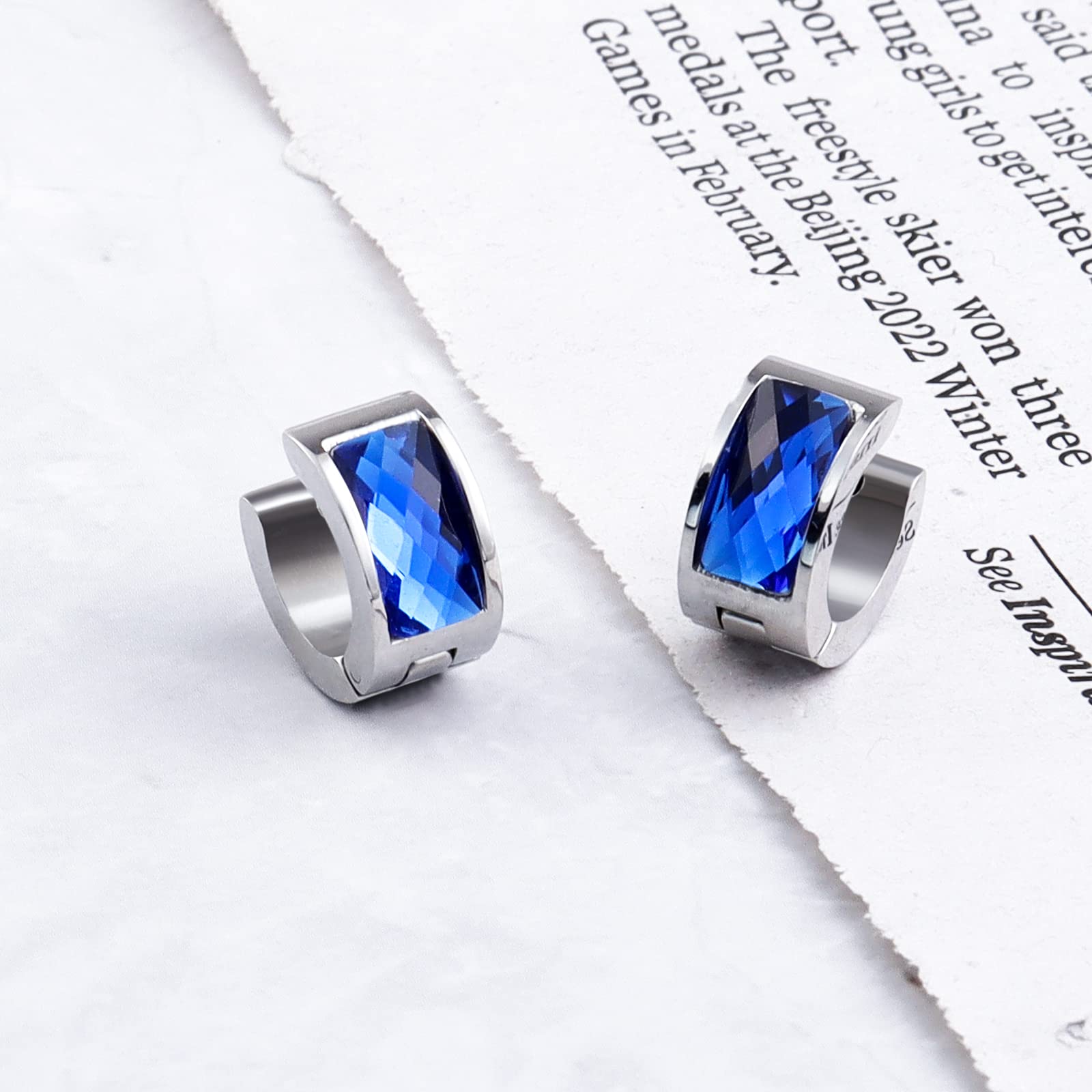 Ritach Stainless Steel Hoop Earrings for Men Blue CZ