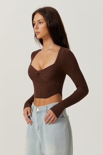 QINSEN Women's Long Sleeve Square Neck Crop Top Ribbed Slim Fitted Casual T-Shirt Tops Cinnamon XS