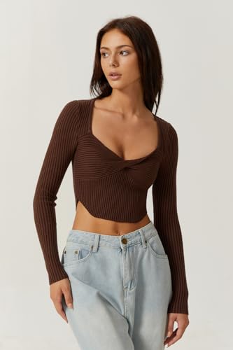 QINSEN Women's Long Sleeve Square Neck Crop Top Ribbed Slim Fitted Casual T-Shirt Tops Cinnamon XS
