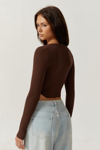 QINSEN Women's Long Sleeve Square Neck Crop Top Ribbed Slim Fitted Casual T-Shirt Tops Cinnamon XS