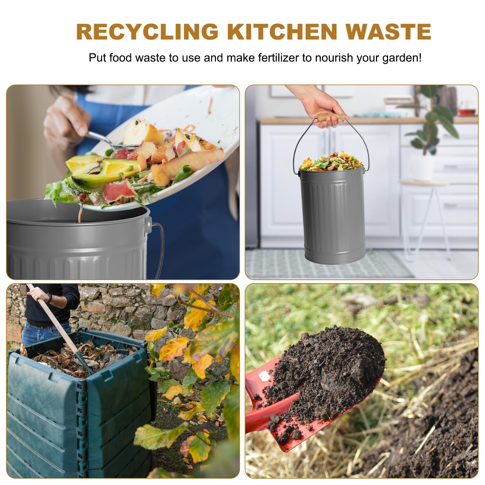Holismo Compost Bin Kitchen Countertop, 1.95 Gallon Counter Compost Bin with Lid, Rustproof Coated Compost Bucket, Indoor Composter includes Three Charcoal Filters