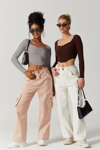QINSEN Women's Long Sleeve Square Neck Crop Top Ribbed Slim Fitted Casual T-Shirt Tops Cinnamon XS